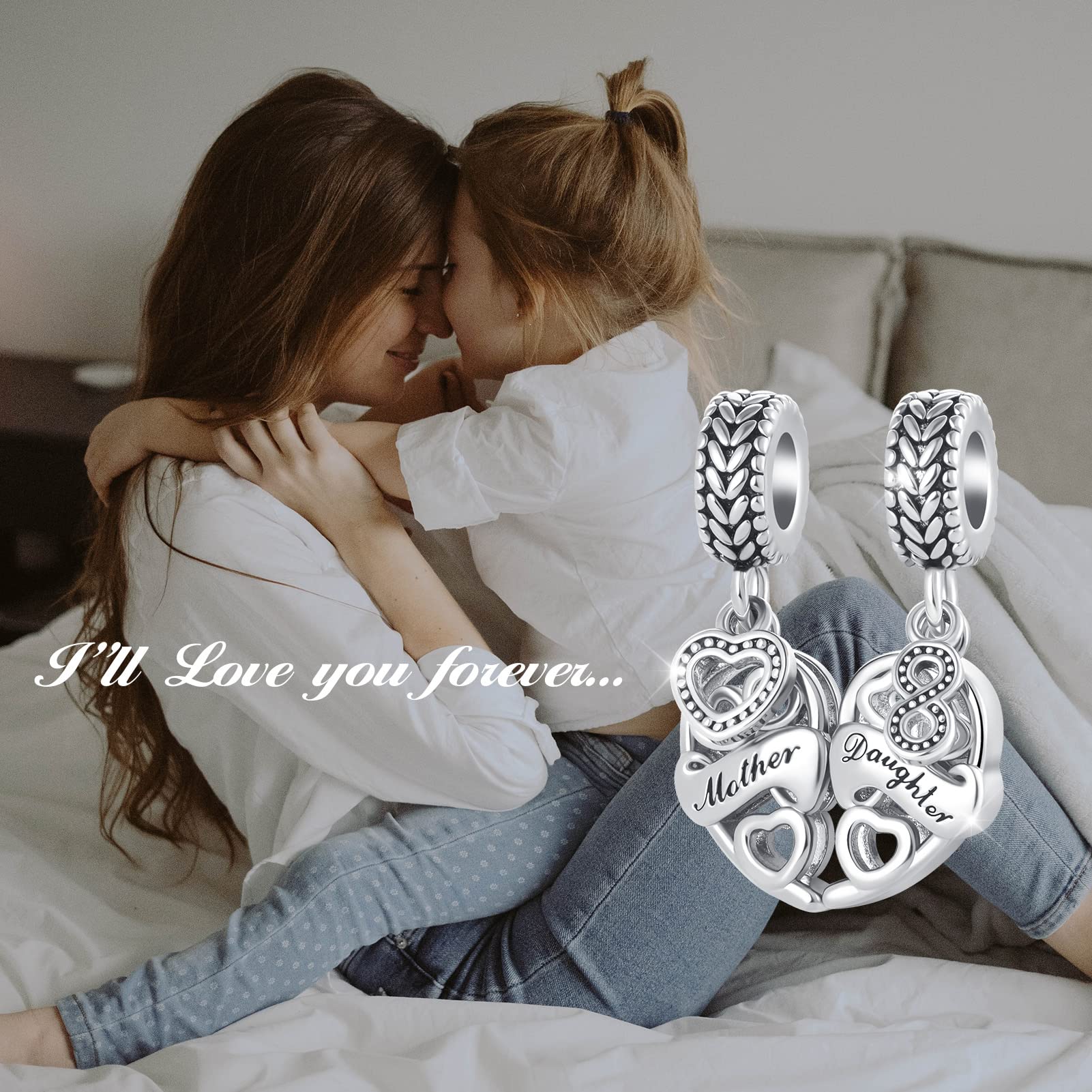 QeenseKc Mother Daughter Matching Heart Pendant Bead Charm for Pandora Bracelet Christmas Gift (Aut-164_MotherDa)