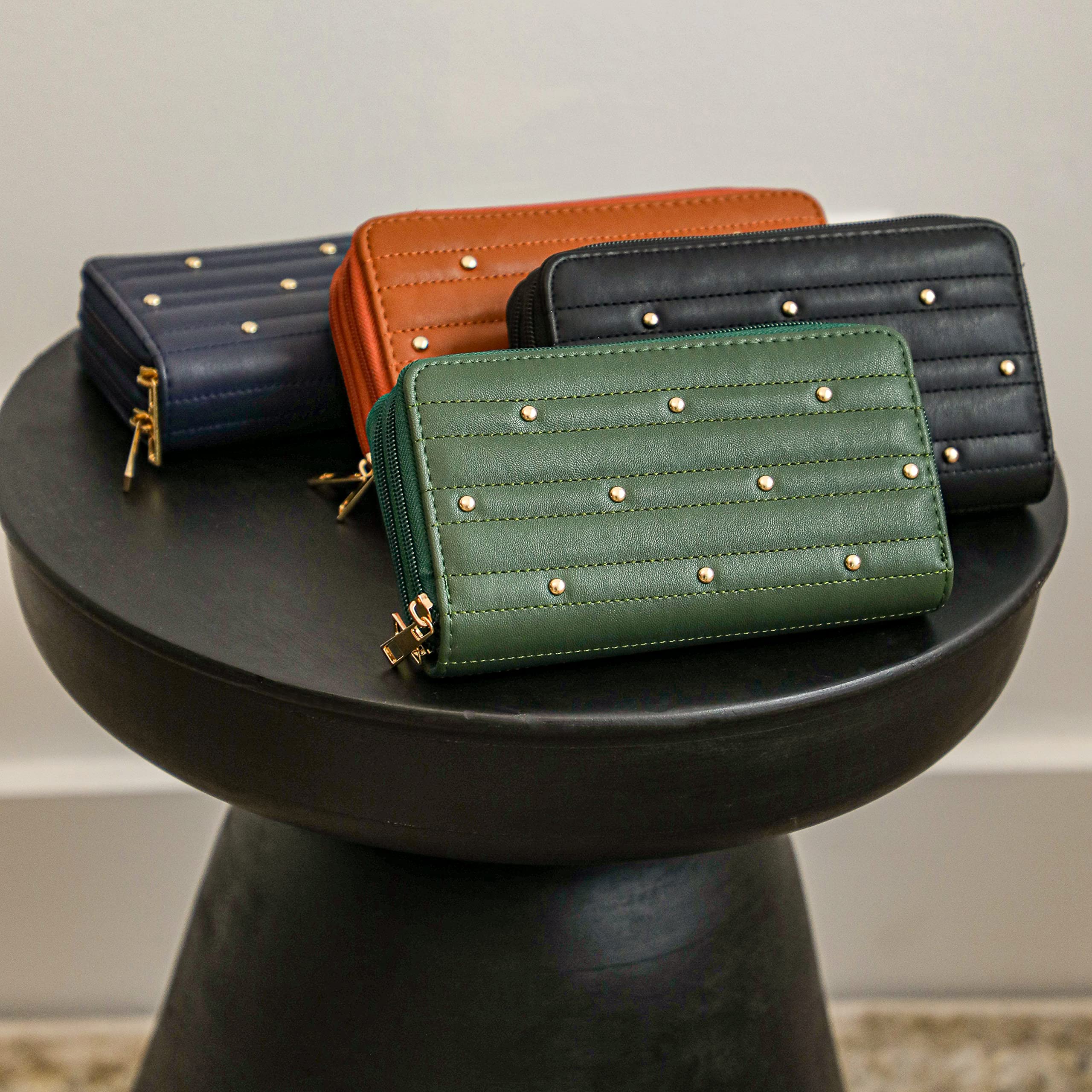 Stud Wallet for Women - Double Zip Around Ladies Clutch Purse Organizer with Card Slots and Coin Purse (Navy Blue)