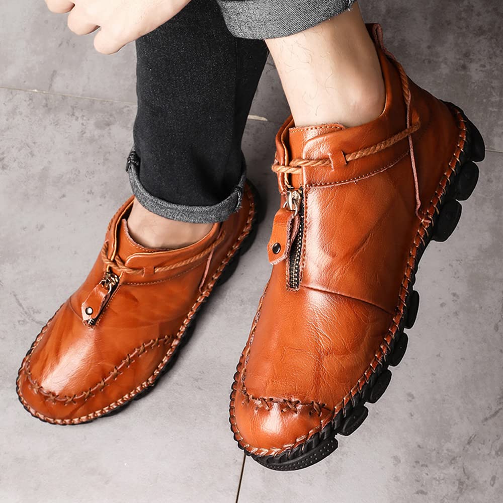 Recyphi Men's Genuine Leather Comfortable Casual Outdoor Waterproof Ankle Boots Safety Non-slip Hiking Shoes