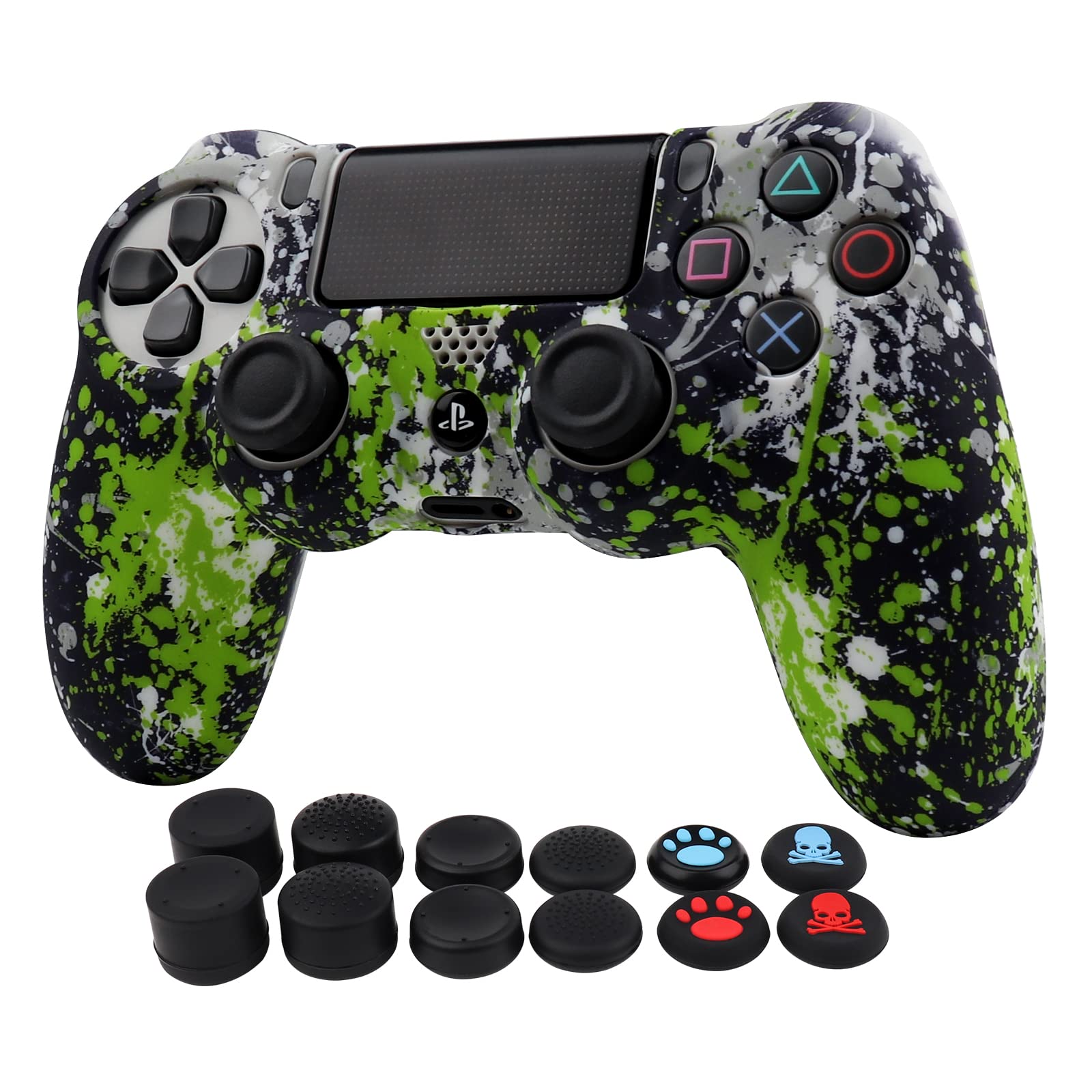 RALAN Anti-Slip Controller Cover for PS4, Silicone Skin Controller Controller Compatible for PS4 /PS4 Slim/PS4 Pro Controller (Black Pro Thumb Grip x 8,Cat + Skull Cap Cover Grip x 2)