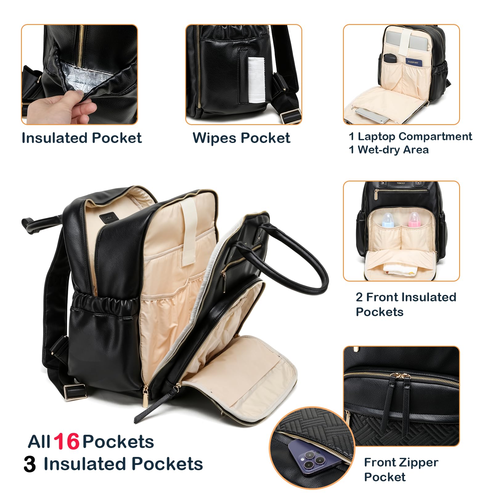 Yomiky Leather Diaper Bag Backpack for Women with Changing Pad and Multiple Pockets. Stylish and Functional