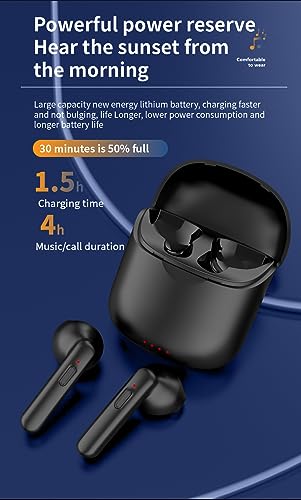 WesTch True Wireless Earbuds Bluetooth 5.3 Headphones Button Control with Wireless Charging Case IPX4 Waterproof Stereo Earphones Half in-Ear Built-in Mic Headsets (Black)
