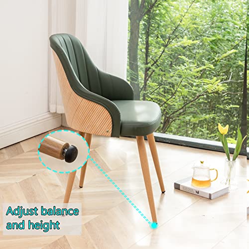 YOUUGIOR Modern Dining Room Chairs, Mid Century Leather Upholstered Accent Arm Chairs,Leisure Side Chairs with Metal Legs and Bamboo Back for Kitchen Room,Dining Room,Set of 2,Green.