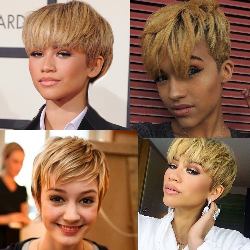 Yonova Pixie Cut Wig Human Hair for Women Short Wigs Layered Pixie Haircut Side Bangs Full Machine Made Gluless Natural Wavy Short Wig Black Color