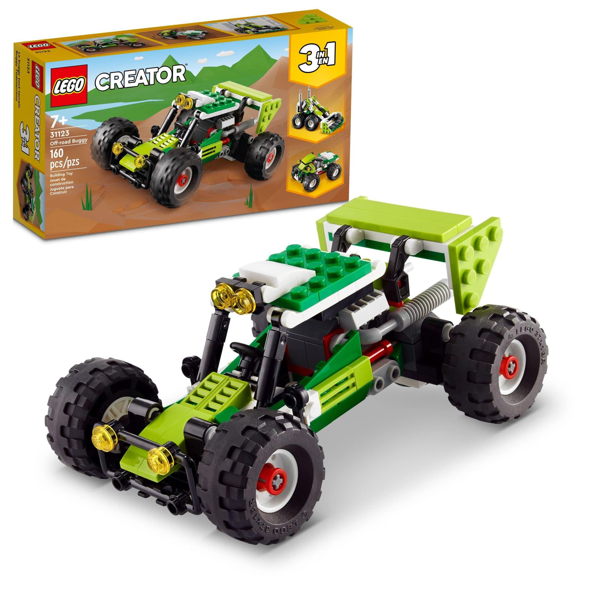 LEGO Creator 3 in 1 Off-road Buggy, Transforms to 3 Different Construction Vehicles from Skid Loader Digger to ATV Car Toy to Off-Roader, Construction Set for Kids 7 Plus Years Old, 31123