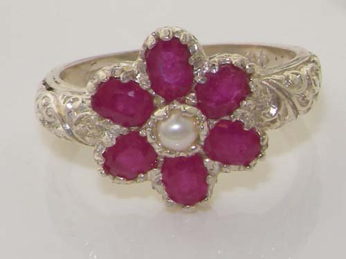 LetsBuyGold 925 Sterling Silver Cultured Pearl and Ruby Womens Anniversary Ring - Size 10.5