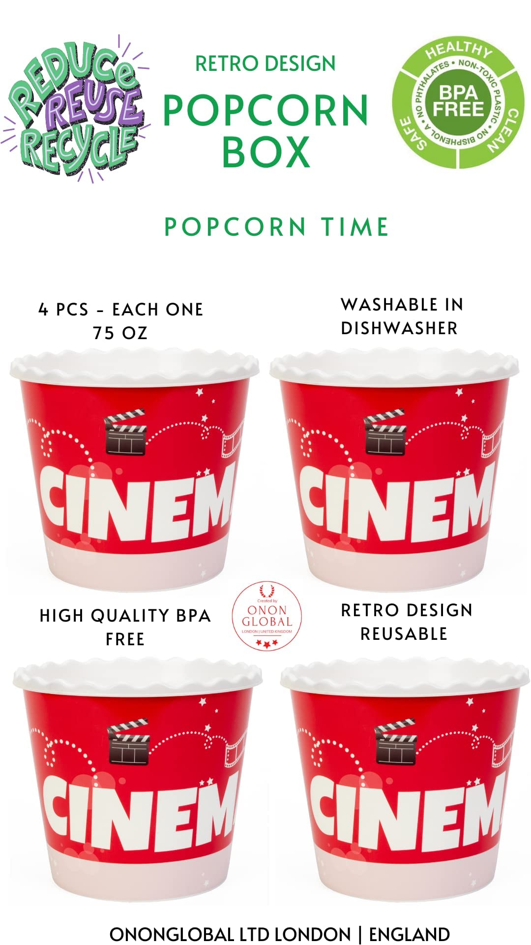 Retro Style Reusable Plastic Popcorn Containers/Popcorn Bowls Set for Movie Theater Night - Washable in The Dishwasher - (BPA Free-4 Pack) (Mix A)