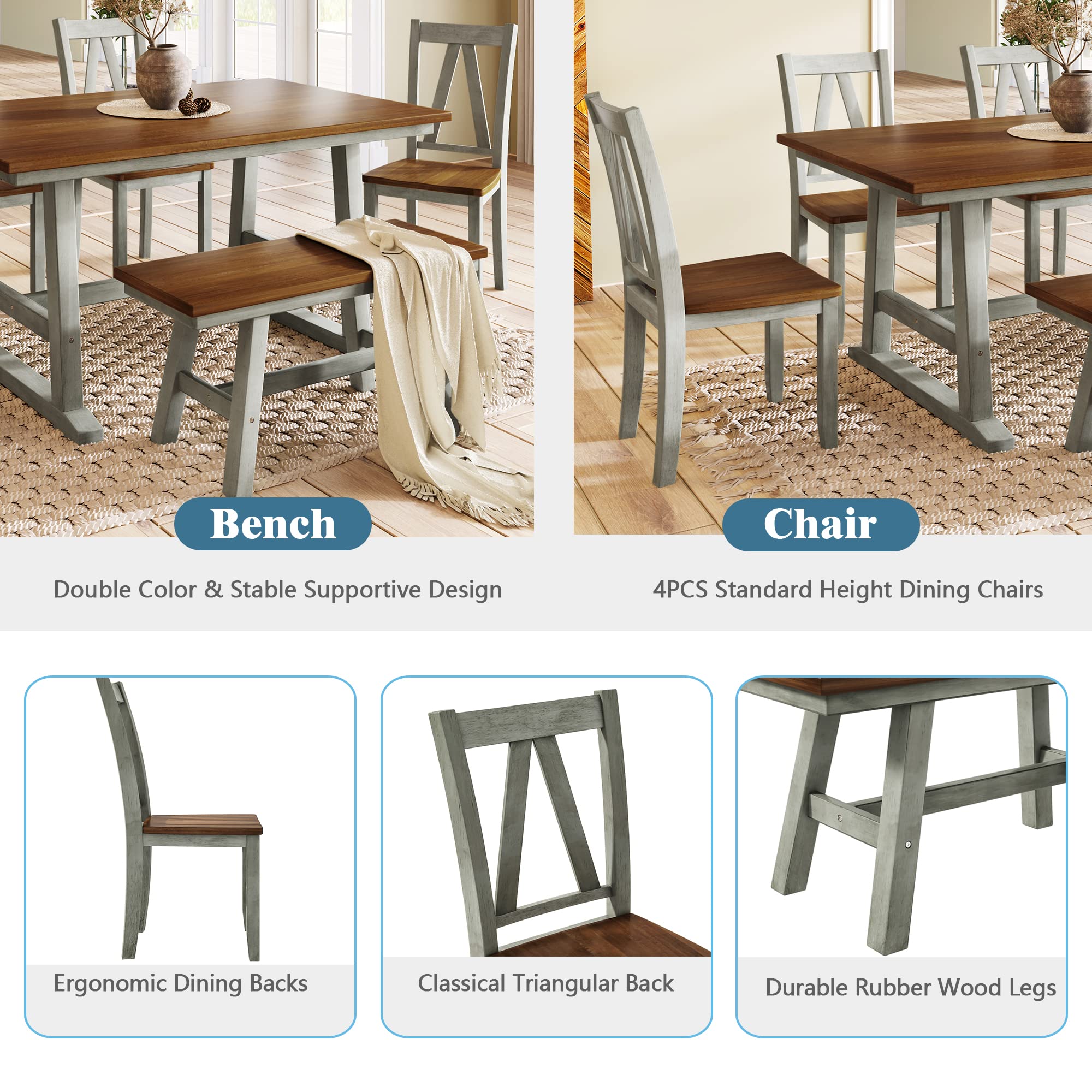 LIADTOP Wood Dining Table Farmhouse Style, 6-Piece Kitchen Set with Long Bench and 4 Chairs,Designed for A Large Family,Walnut+Gray