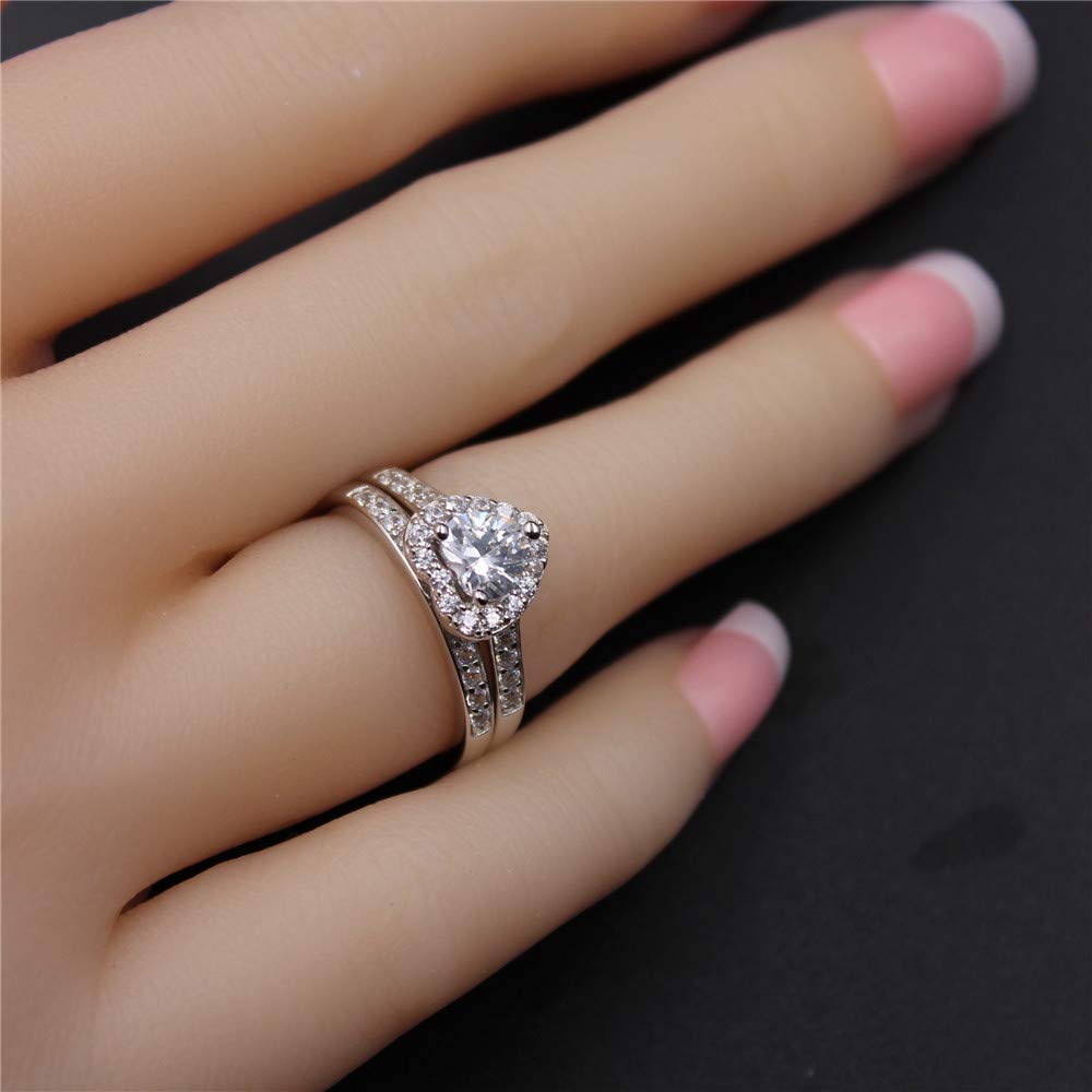 MABELLA His Hers 3 Pcs Stainless Steel Matching Band Women Heart Cut Sterling Silver Wedding Engagement Ring Set Women's Size 6 Men's Size 11