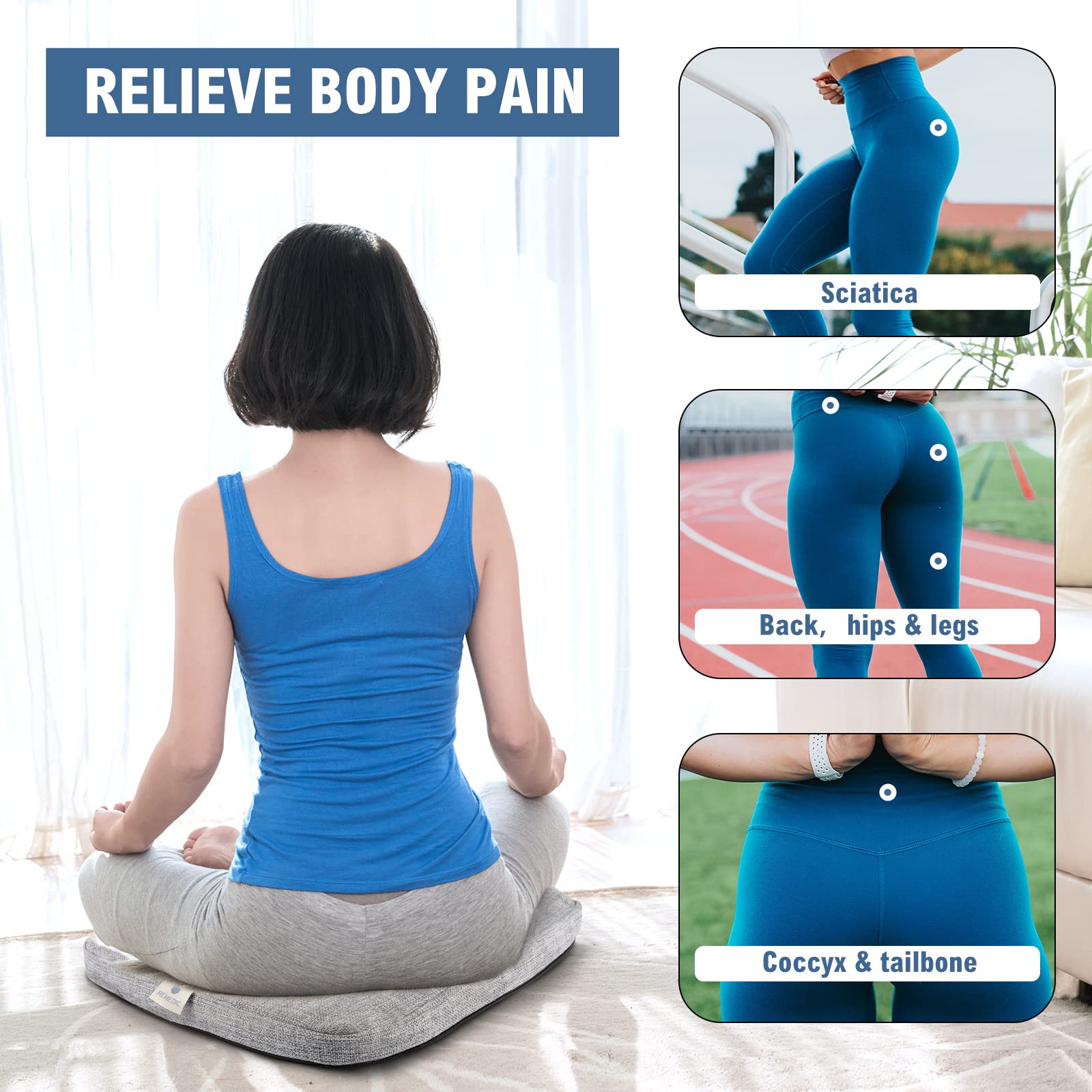 remedic Gel Seat Cushion - Double Thick Incontinence Non-Slip Pad Chair Cushion Breathable Honeycomb Pressure Wheel Design Moisture Proof Machine Washable Fabric Cover Grey