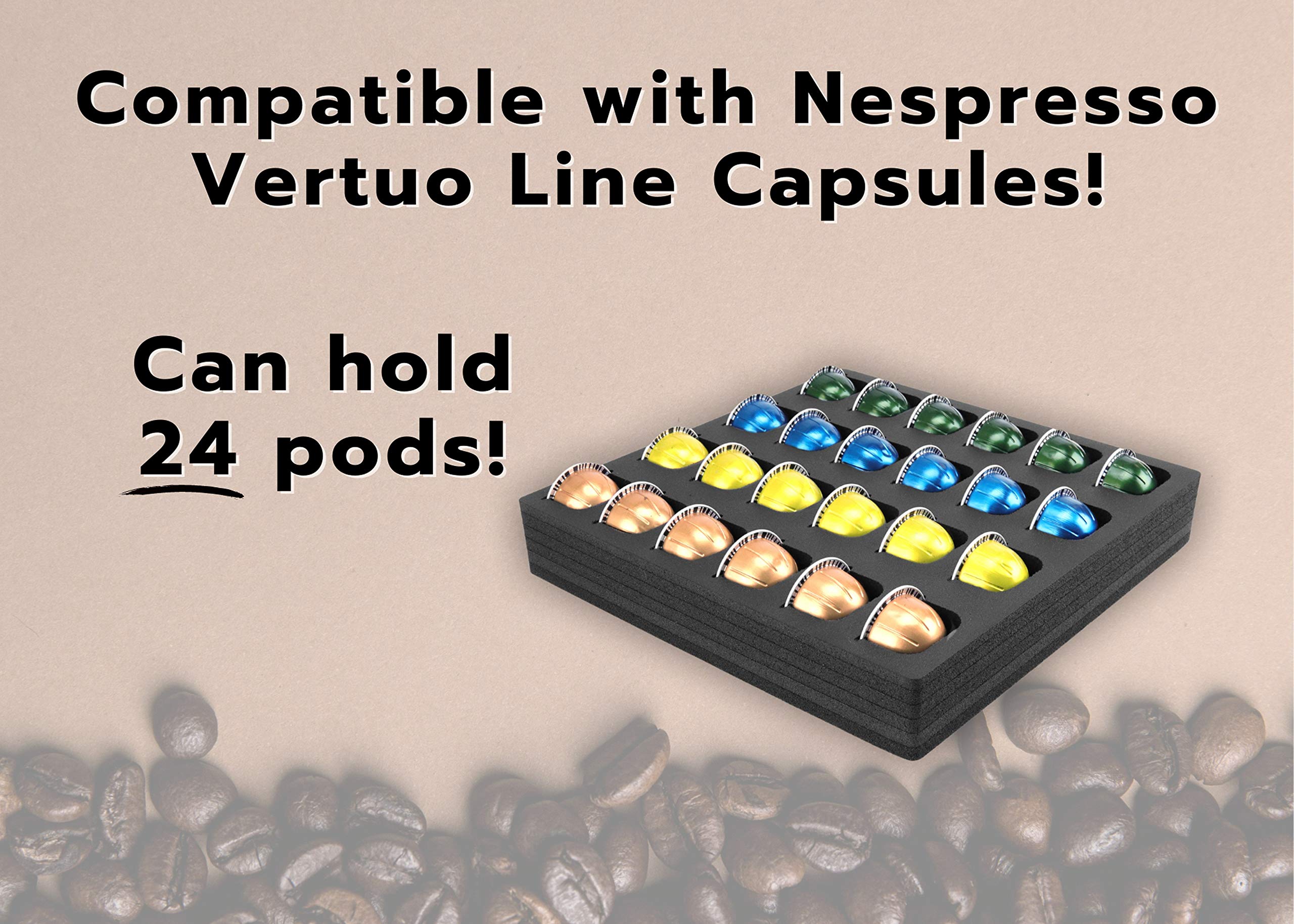 Polar Whale 2 Coffee Espresso Capsule Drawer Organizer Tray Inserts Compatible with Nespresso Vertuo VertuoLine Kitchen Home Office Waterproof Washable Black Foam 24 Compartment 12.5 x 12.5 Inches