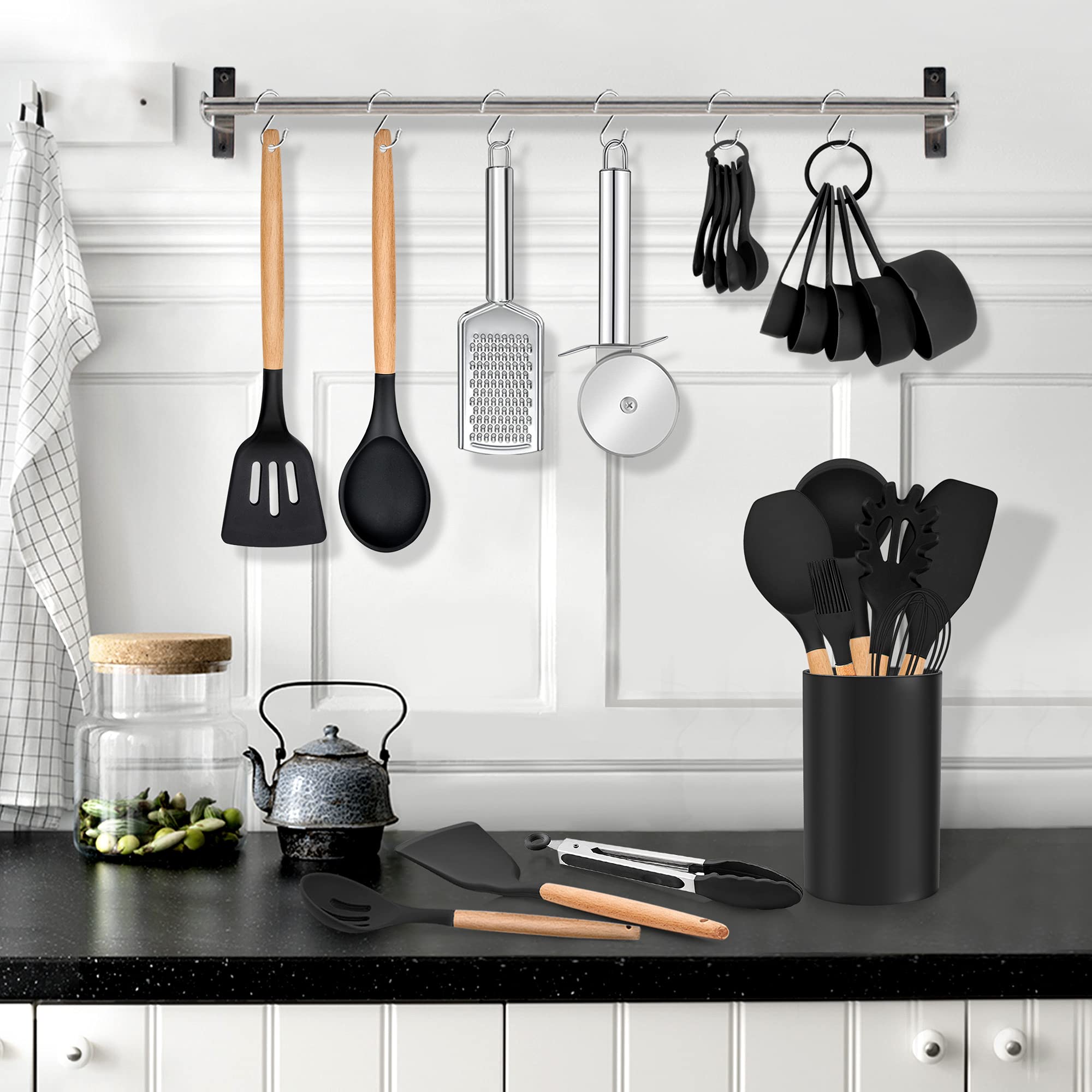 LIANYU 30 PCS Silicone kitchen Cooking Utensils Set with Holder, Heat Resistant Kitchen Essentials Utensils Set Wooden Handle, Cooking Tools Set Including Tuner, Spatula, Spoon, Ladle, Black