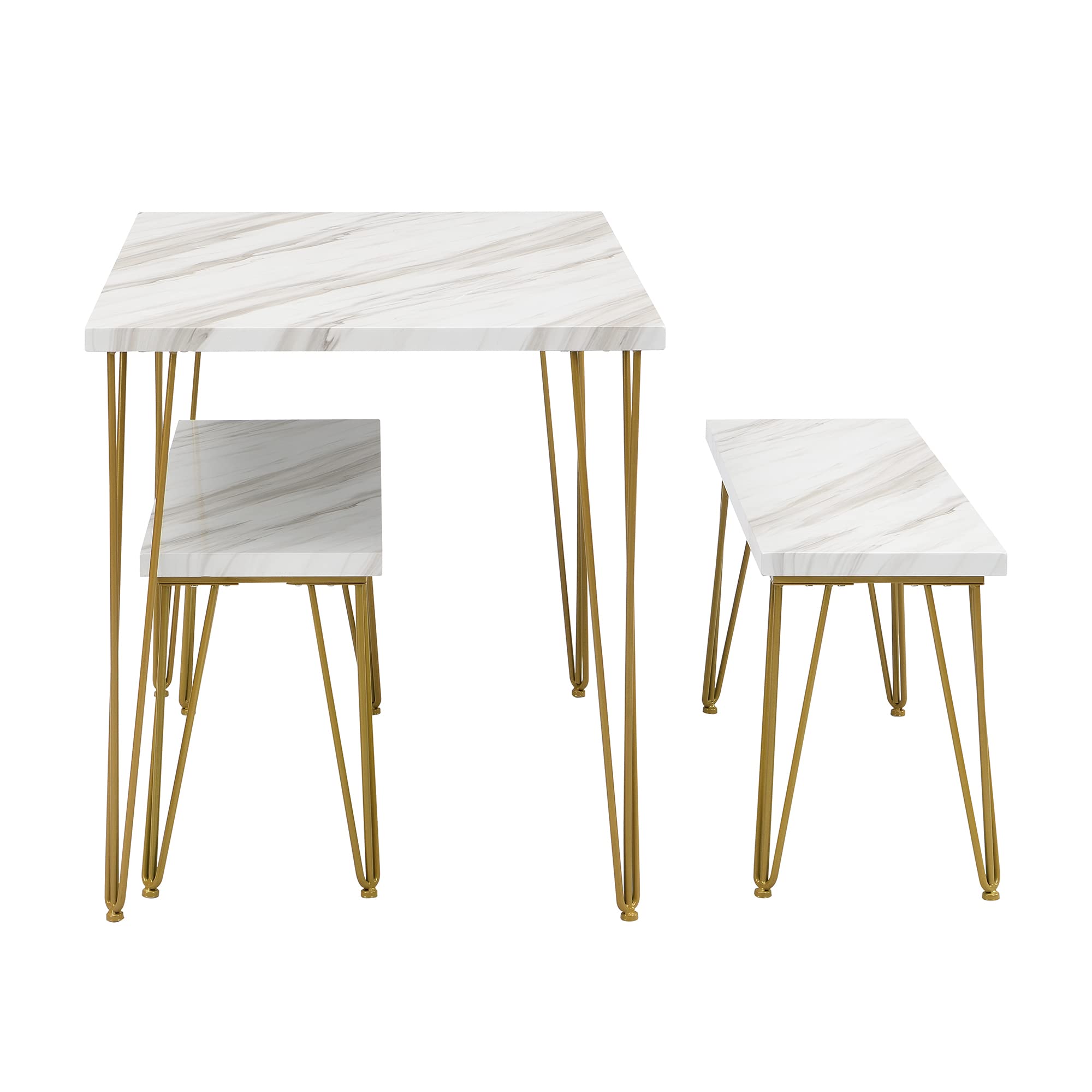 LIADTOP, 3-Piece Kitchen Sets,Rustic Farmhouse Faux Marble Dining 2, Thick Table/Bench Top with Iron Frame for 4,White+Gold