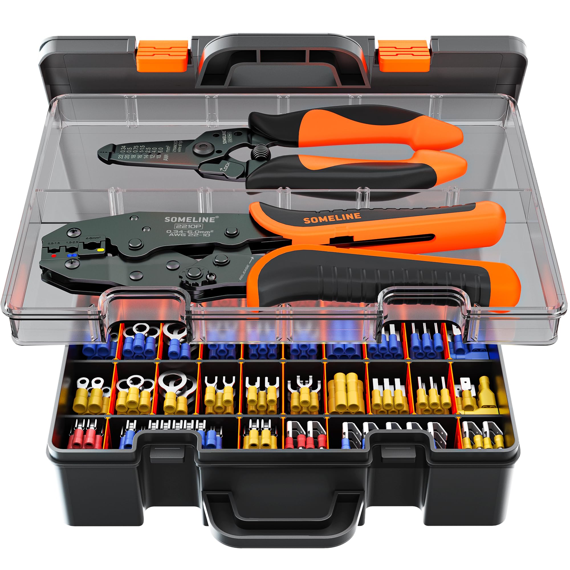 SOMELINE® Wire Terminals Crimping Tool, with 39 Sizes Insulated Ratcheting Terminals Crimper Kit of AWG 22-10 Insulated Electrical Butt Bullet Spade Fork Ring Spade Splice Crimp Terminals