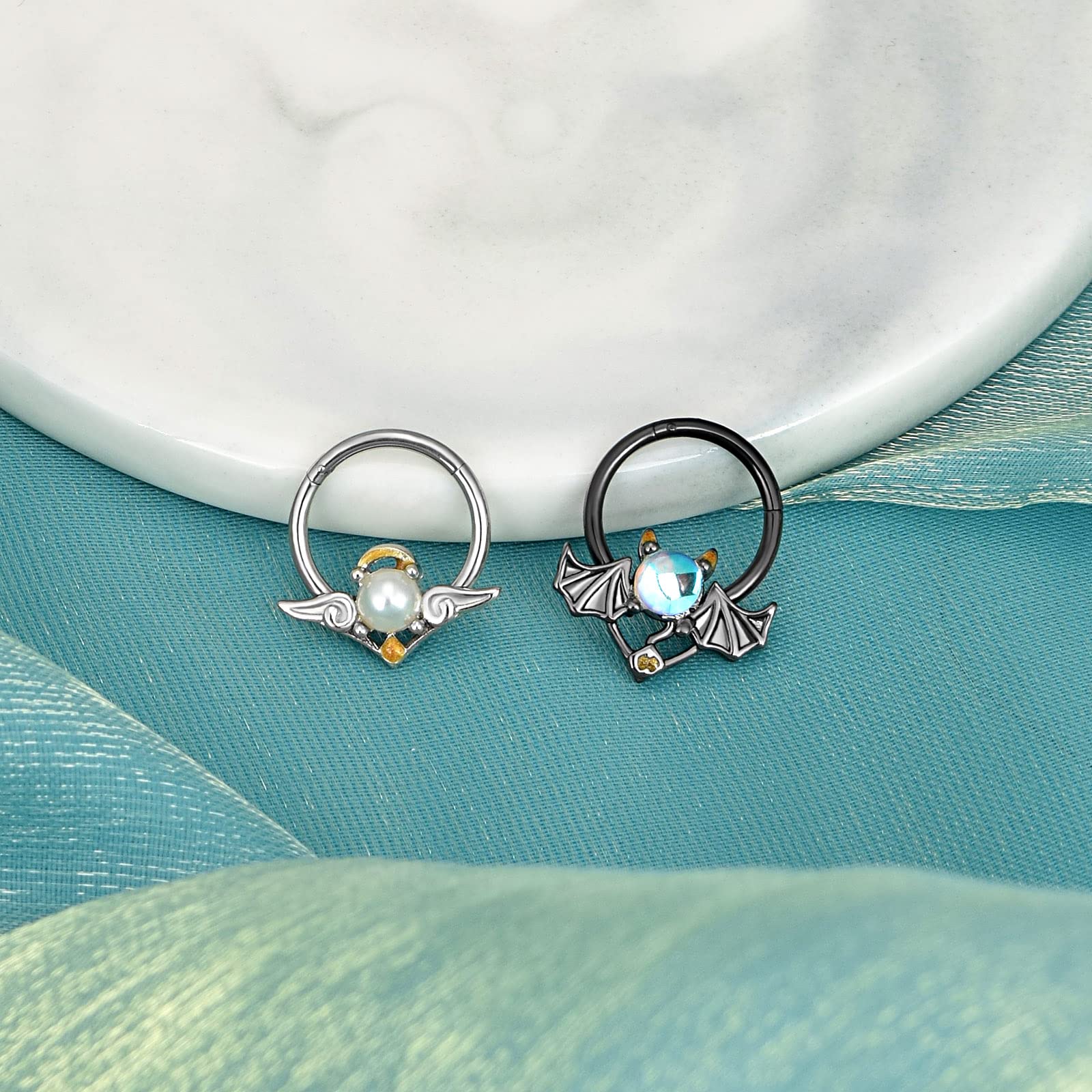 Stuppendux 2pcs 16G 1.2MM Stainless Steel Angel and Demon Piercing Septum Rings Pierced Nose Ear Cartilage Ring Couple Style Diameter 10mm