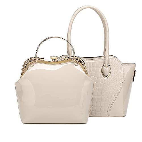 Style Strategy 2 in 1 Push Lock Handbags for women Hardware Chain Crocodile Textured bone patent leather bag with small crossbody