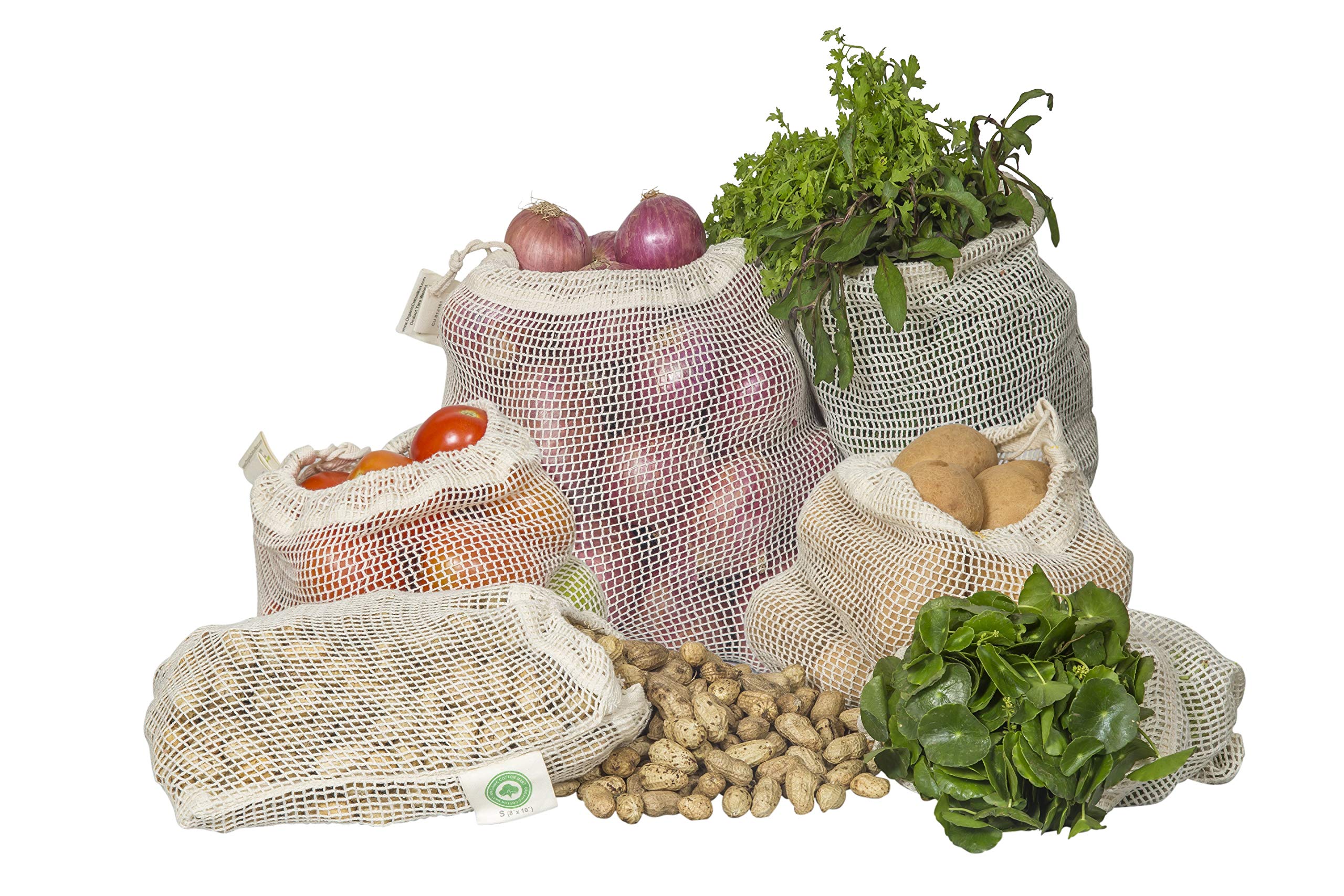 Reusable Cotton Mesh Produce Bags - 100% Organic Cotton, Durable, Double Stitched, Washable with Tare Weight & Drawstring - Mesh Bags for Grocery Shopping, Vegetables & Fruits | 6 Bags (2L, 2M, 2S)