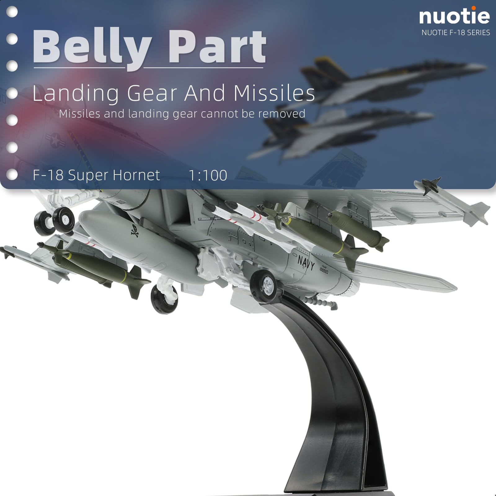 NUOTIE 1/100 F/A-18 Super Hornet Diecast Metal Fighter Jet Model Kits Pre-Build Replica 1943-2018 Jolly Roger Livery Military for Display Collection or Gift