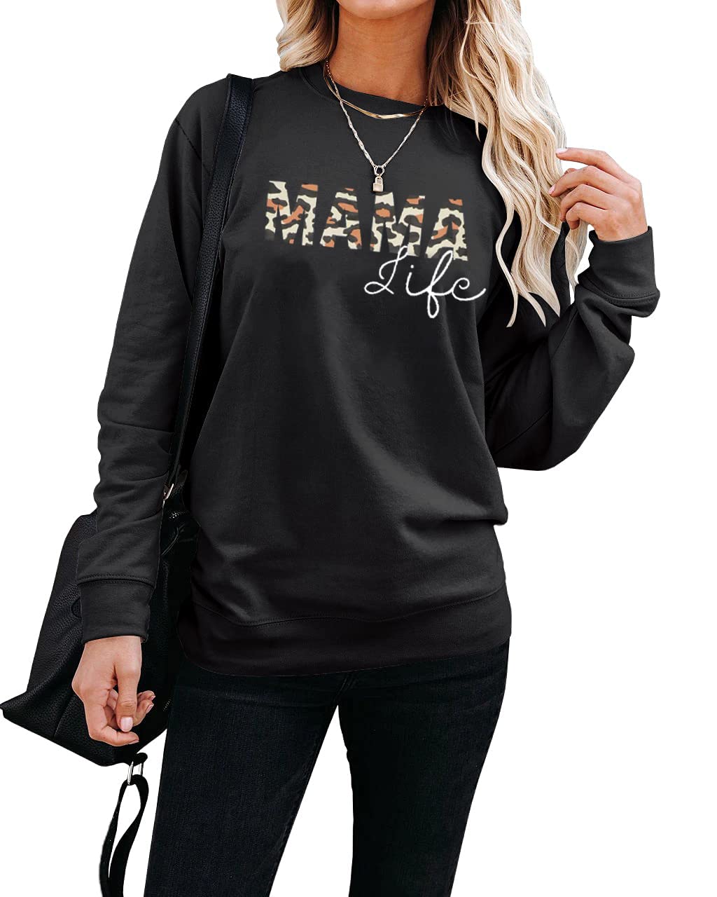 Mama Life Sweatshirt Women Leopard Print T Shirt Mom Mode Lightweight Pullover Blouse Mother Gift Long Sleeve Tee Top Gray