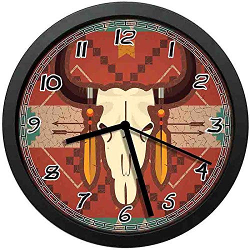 luckboy—zm Ethnic Themed Illustration of Bull Head Native American Inspired Ornamental Image Wall Clock Nice for Gift or Office Home Unique Decorative Clock Wall Decor 12in with Frame