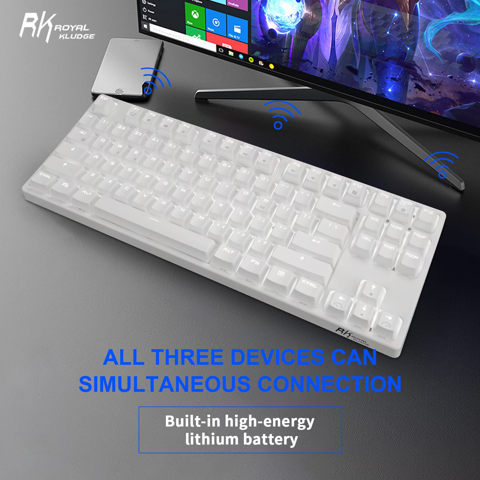 RK ROYAL KLUDGE RK987 Mechanical Keyboard 87 Keys White LED Backlight Tenkeyless Gaming Keyboard, Wired/Wireless Bluetooth Gaming/Office for iOS Android Windows MacOS and Linux (White and Brown)
