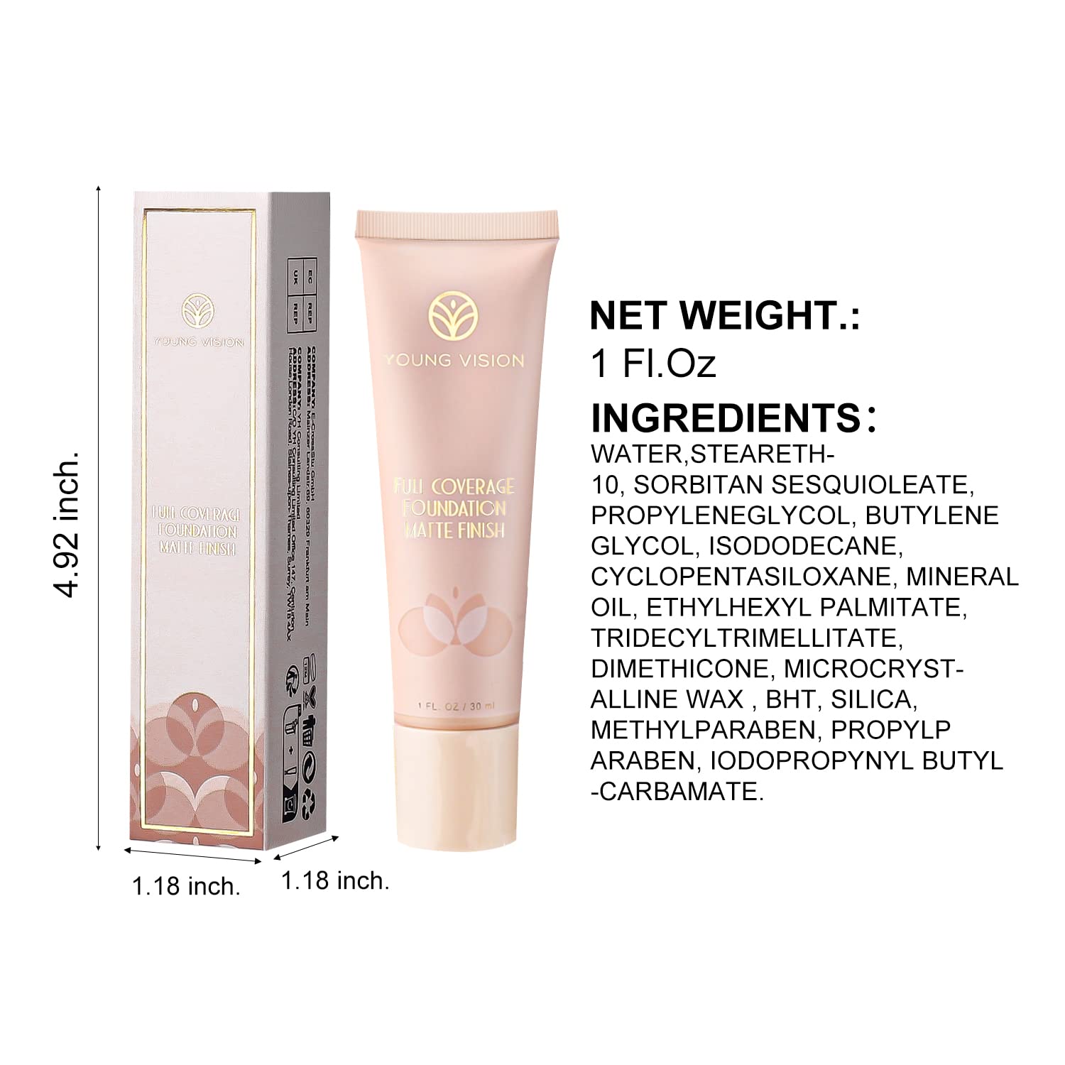YOUNG VISION Full Coverage Longwear Foundation, Matte Finish, Waterproof, Poreless Liquid Foundation Makeup, Base de Maquillaje Alta Cobertura, 1 fl.oz