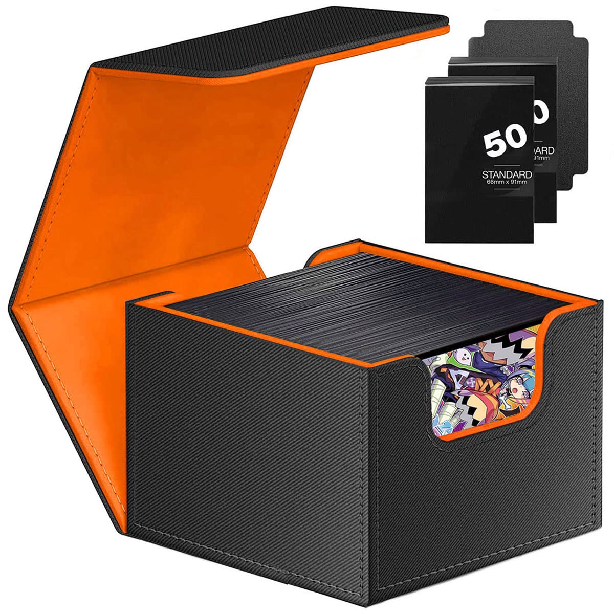 Scimi Card Deck Box for 150+ Sleeved Cards - Fits EDH/Commander/Pokemon/MTG/KeyForge/YuGiOh! / TCG/CCG Packed with 100 Pcs Card Sleeves (Black/Orange)