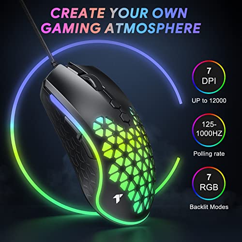 TECURS Wired Gaming Mouse 12000 DPI Programmable Mouse, USB Optical PC Gaming Mice, Ultra-Lightweight RGB Mouse, Honeycomb Shell Design, Computer Game Hardware, Black