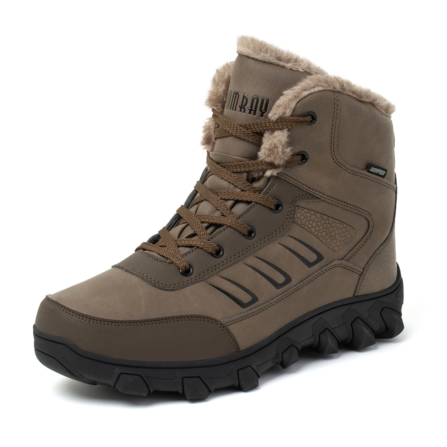 Pamray Men Winter Snow Boots Warm Waterproof Mid Calf Shoes Outdoor Hiking Climbing with Full Fur Lined Dark-Brown 46