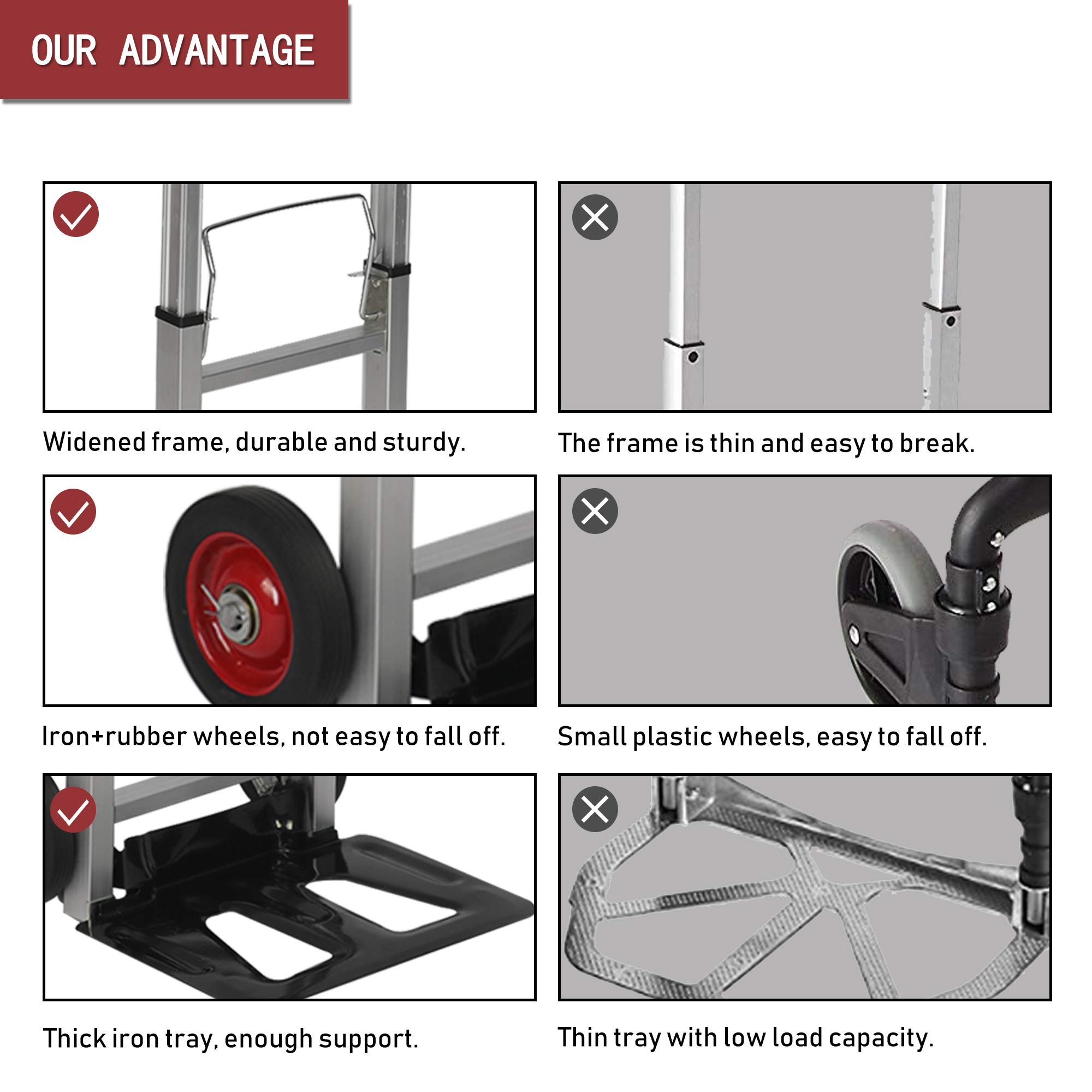 LUCKYERMORE 330 LB Capacity Hand Truck Dolly Portable Folding Compact Trolley Heavy-Duty Aluminum Luggage Cart with 2 Wheels
