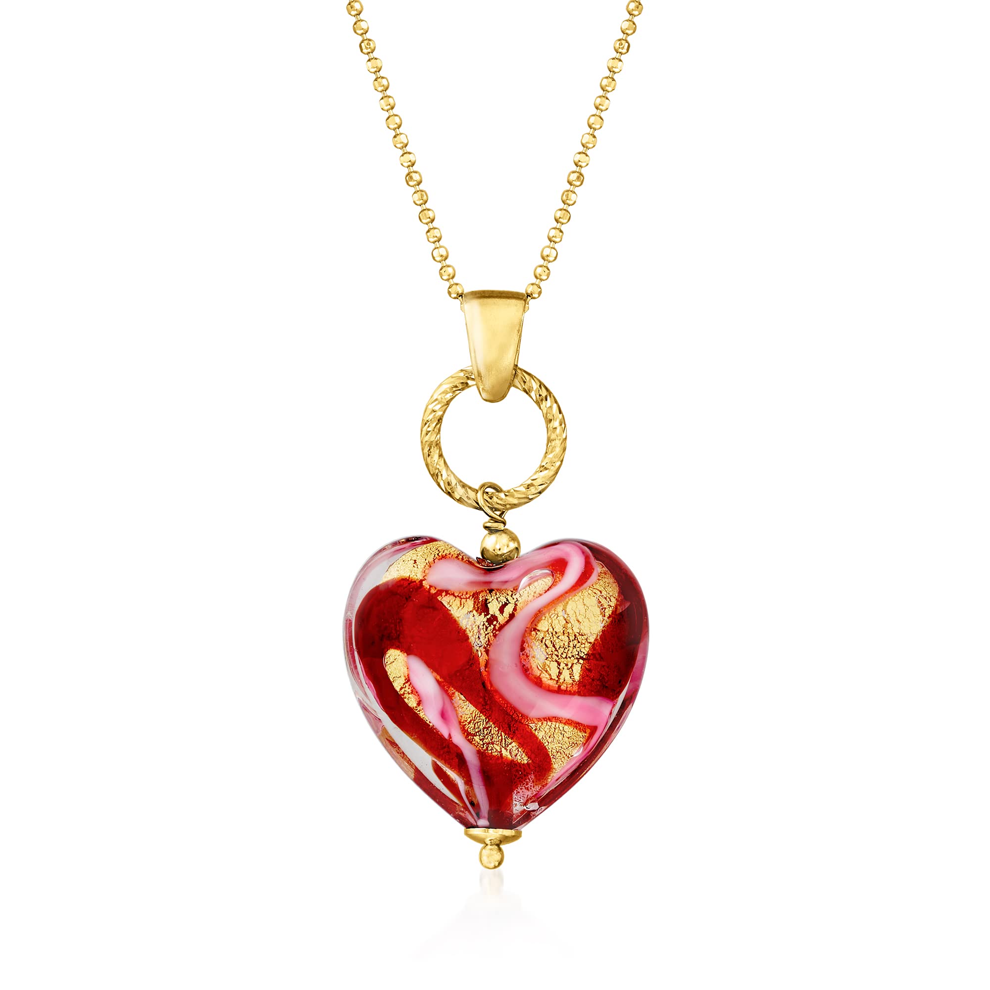 Ross-Simons Italian Red and Pink Murano Glass Heart Necklace in 18kt Gold Over Sterling. 18 inches