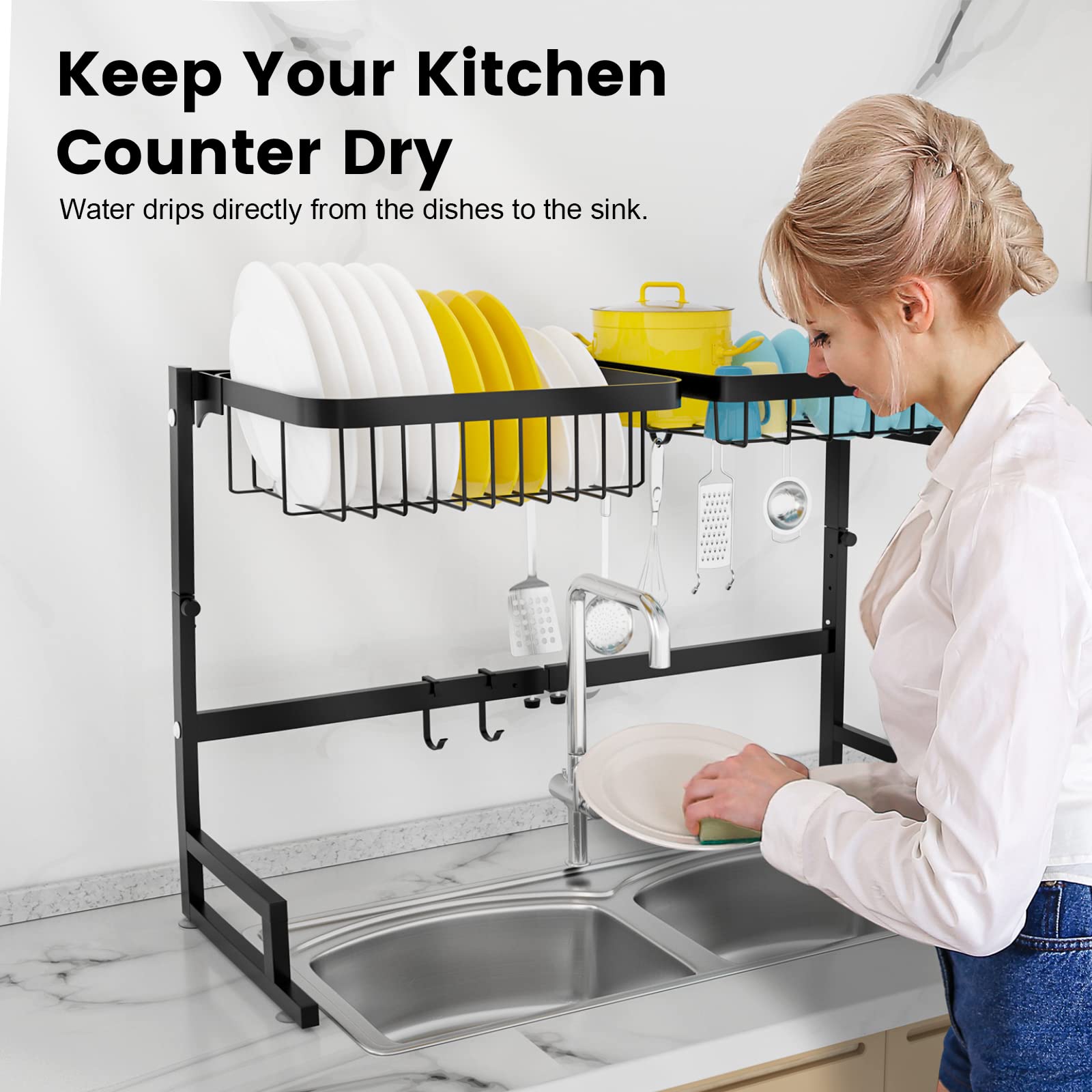 MERRYBOX Over The Sink Dish Drying Rack, Adjustable Length (25.6-33.5in) and Height Over Sink Dish Rack, Dish Drainer with Cutting Board Holder, for Kitchen Sink Counter Organizer Space Saver