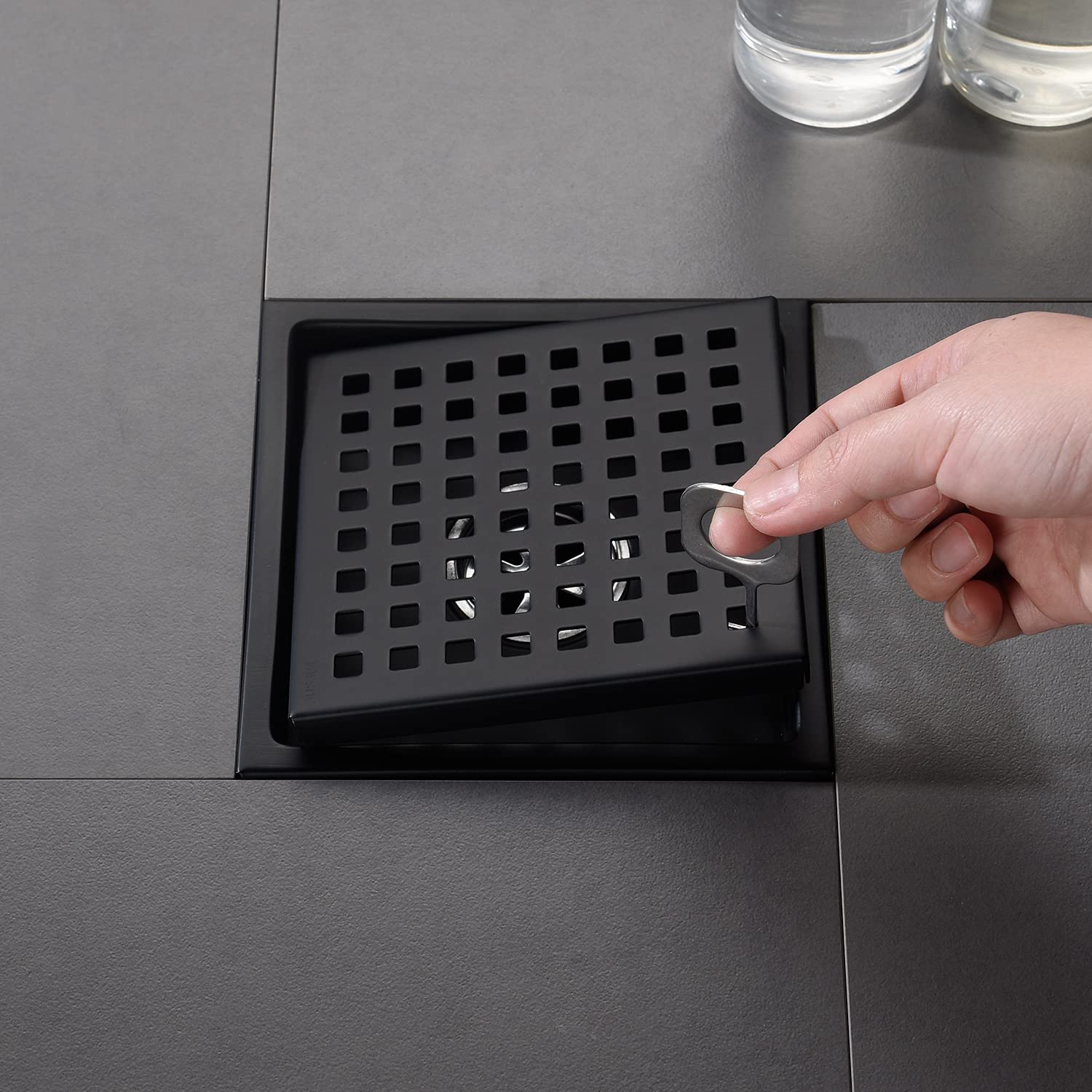SISEHO 6 Inch Shower Drain Brushed Nickel Square With Adjustable Shower Drain Base Flange SUS304 Stainless Steel Floor Drain Cover Removable Mesh Grille