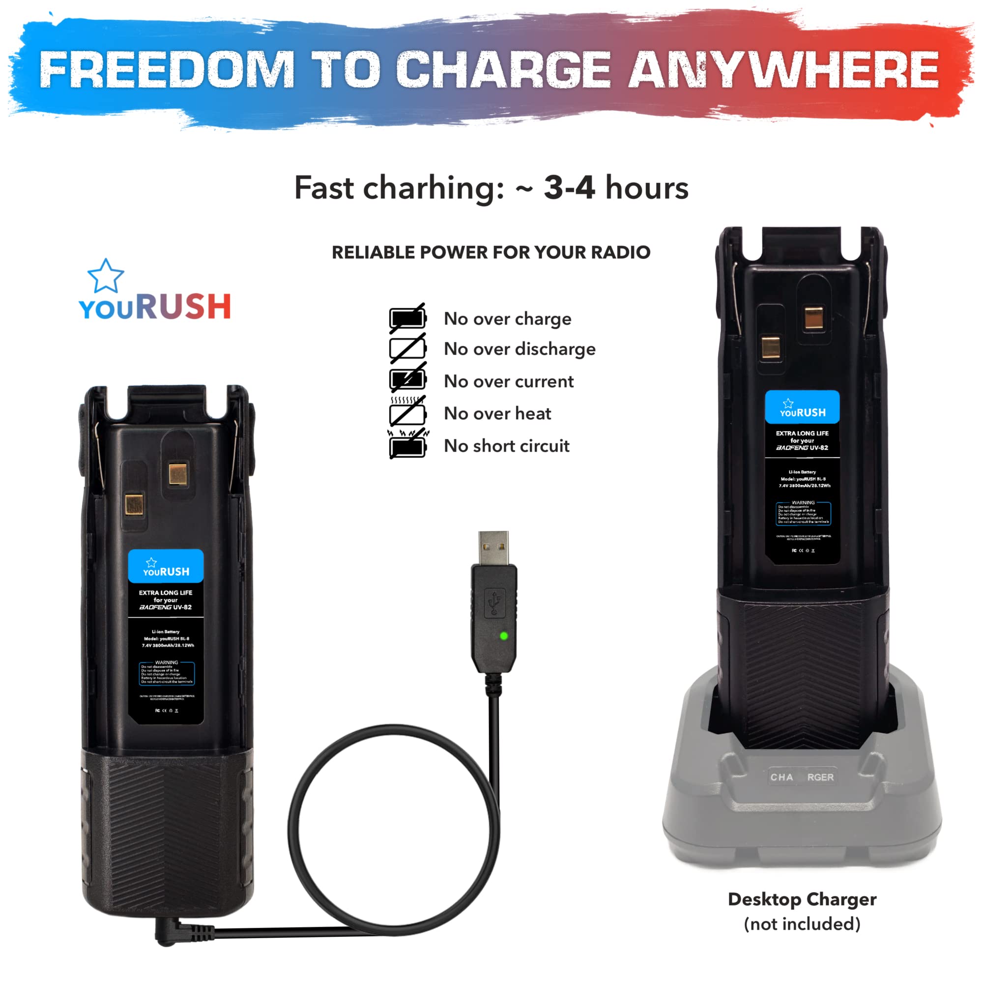 youRUSH 2 Pack BL-8 Extended UV 82hp Battery 3800 mAh with USB Charging Cables - Compatible with Baofeng UV-82 - Accessories Set of Replacement Battery BL8 & USB Charger