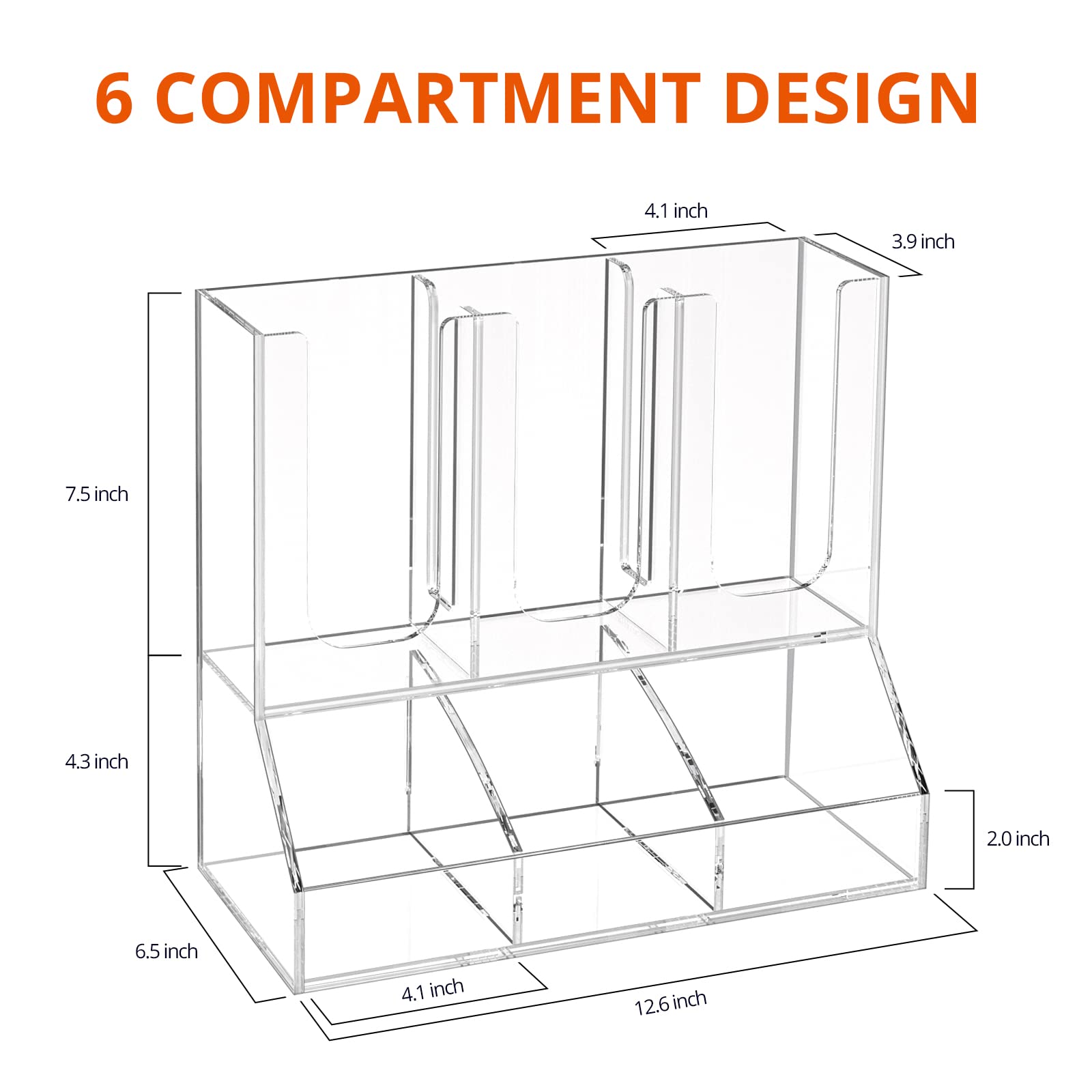 Richboom Cup and Lid Organizer, 6 Compartments with 2 Removable Dividers Coffee Station Countertop Cup Dispenser Condiment Organizer Accessories Caddy for Breakroom, Office, Home - Clear
