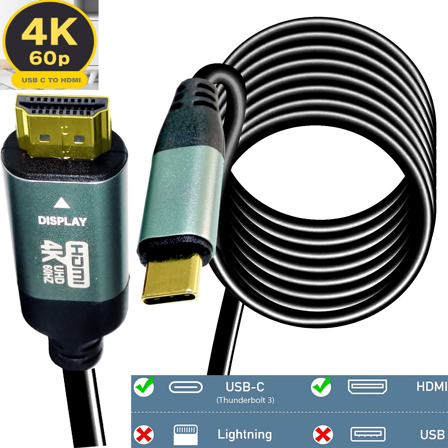 USB C to HDMI Cable 10FT with IC, 4K@60HZ Type-C to HDMI for MacBook Pro/Air, iMac, Galaxy S20 S10 S9 S8, Surface, Dell, HP, MacBook Pro, MacBook Air, iPad Pro, Pixelbook, XPS, Galaxy, and More
