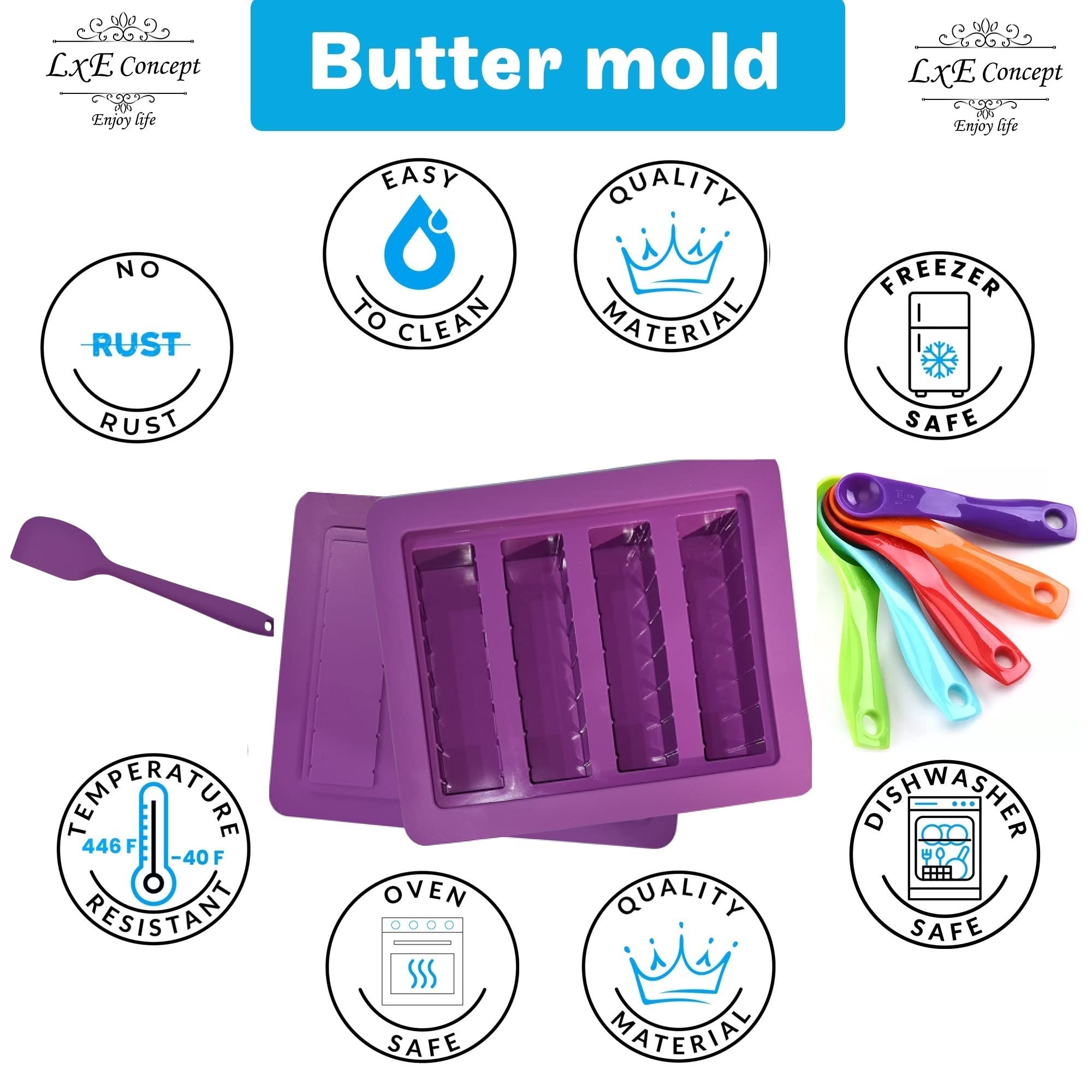 Silicone Butter Mold Set Purple - Holds 8 Tablespoons, 4oz Standard Butter Stick Size, Large Cavity Butter Maker, Non-Stick Butter Tray & spatula, measuring spoons, Ideal For Herb Butter, Brownie Cake