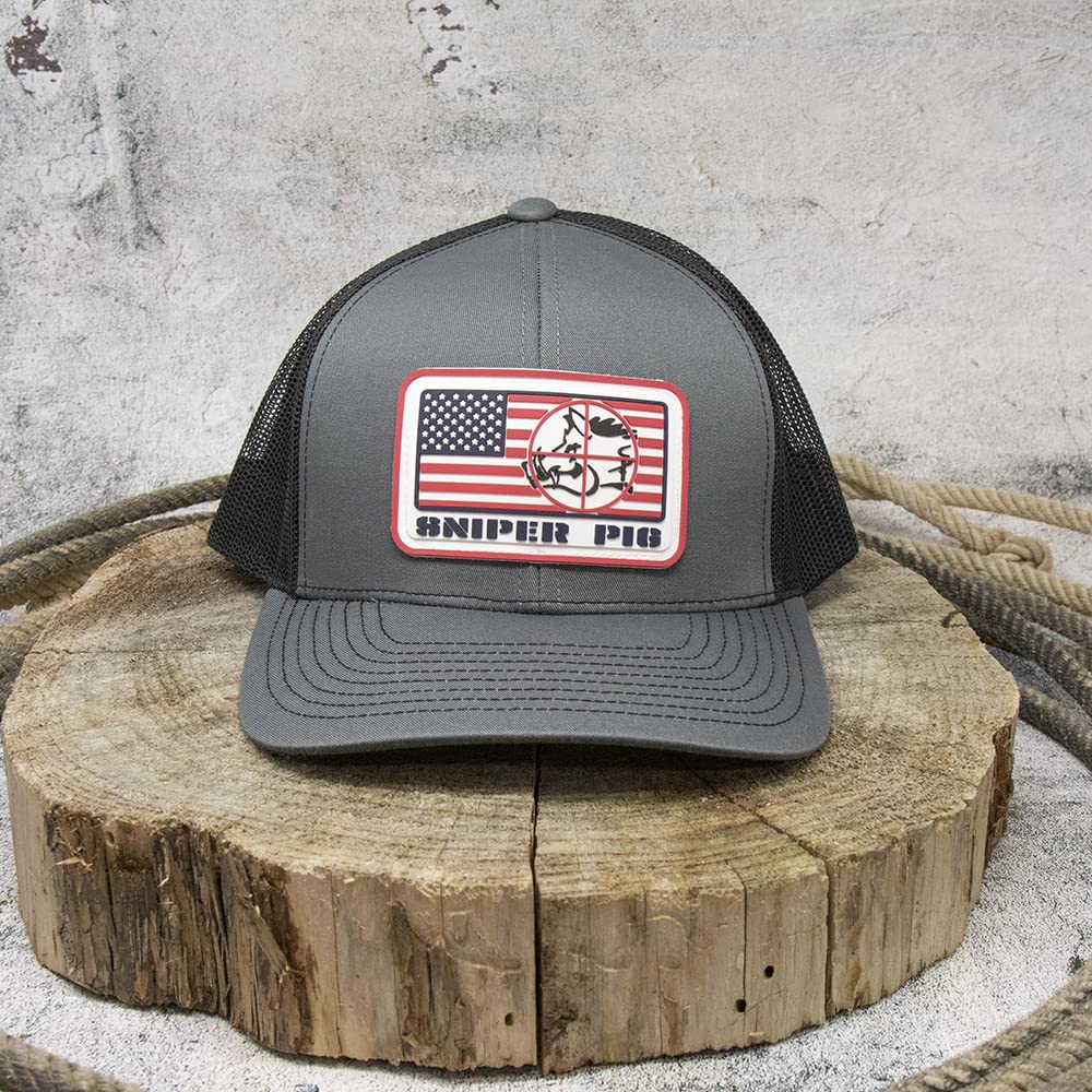 Oil Field Men's Hats Sniper Pig America Flag Rubber Patch Mesh Back Ball Cap Charcoal One Size