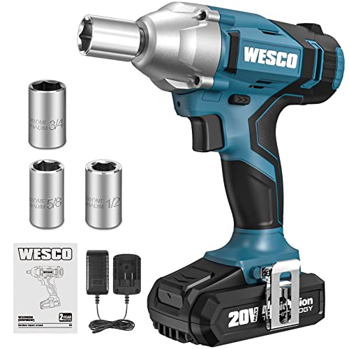 WESCO 20V Cordless Impact Wrench, 1/2",1602 In-lbs(180N.m),2.0A Li-ion Battery, LED Light 3 Pcs Drive Impact Sockets and 1 Hour Fast Charger