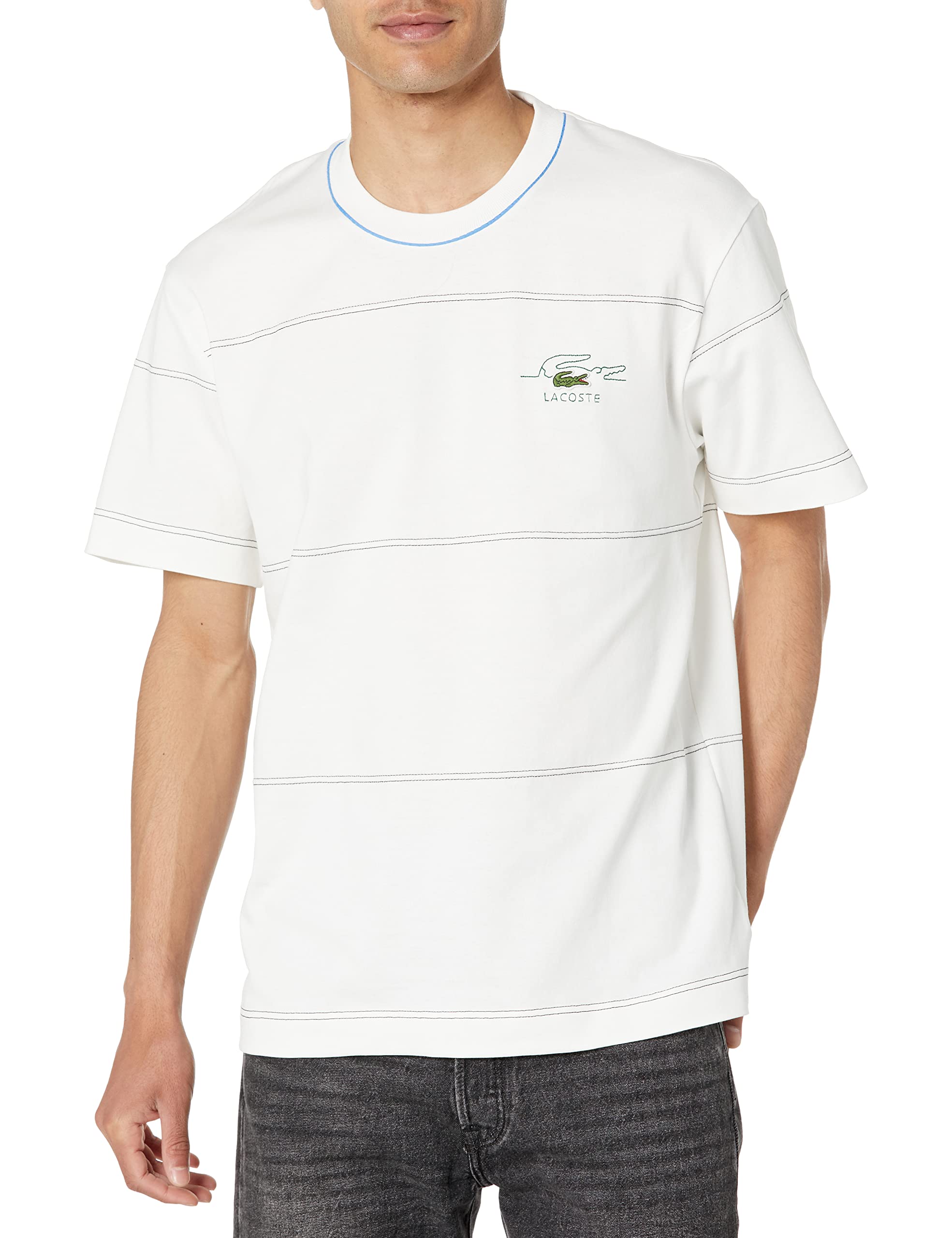 Lacoste Contemporary Collection's Men's Short Sleeve Relaxed Fit Dotted Stripe Tee Shirt, Flour, Medium