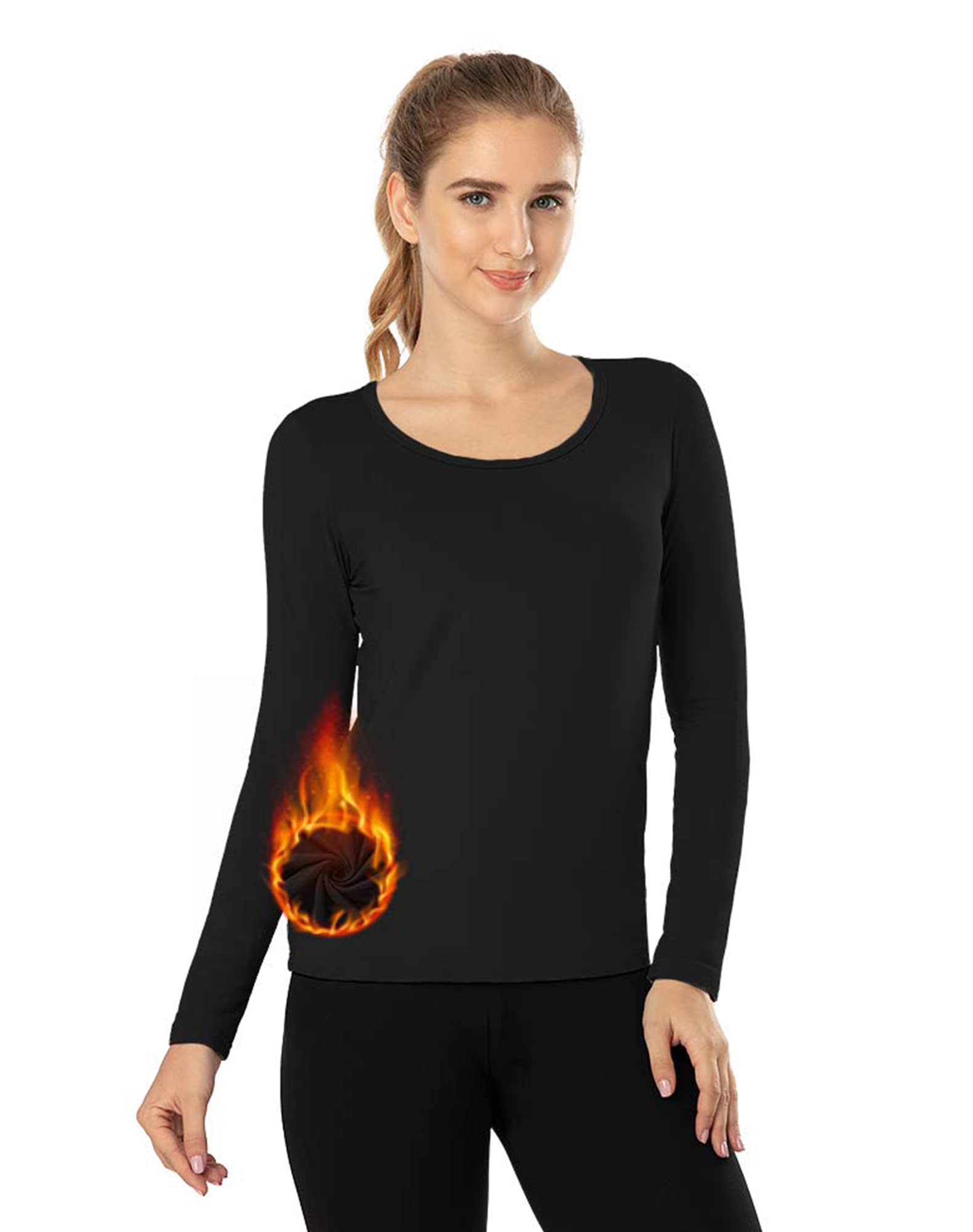 MANCYFIT Womens Thermal Tops Fleece Lined Shirt Long Sleeve Base Layer Scoop Neck Black Medium