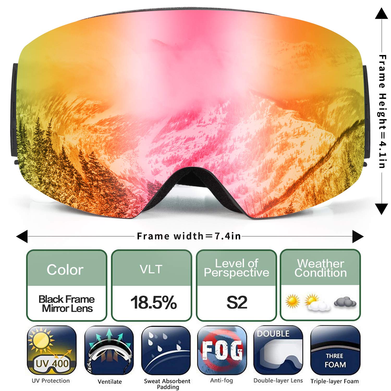 MATRIXON NODLAND P1 Ski Goggles OTG Over The Glass AntiFog Snowboard Goggles, UV400 Protection, Interchangeable Dual-Layer Frameless Goggles for Men, Women, Unisex (Red)