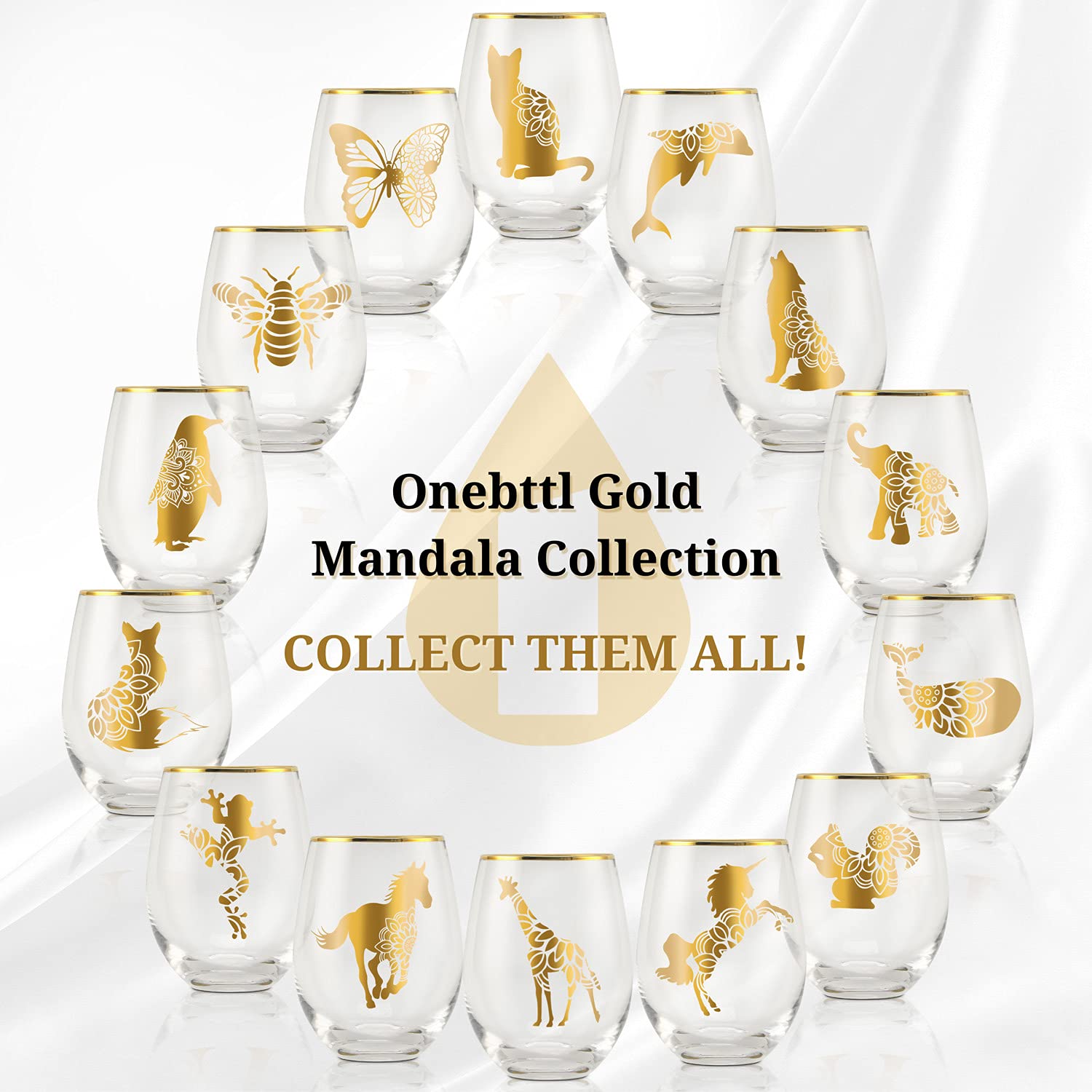 Onebttl Unique Elephant Gifts - Ethnic Mandala Elephant Stemless Wine Glass, Best for Elephant Lovers, Perfect with Red Wine Gin Cocktail Fizzy Drinks - Gold - for Birthday, Celebrations, Housewarming