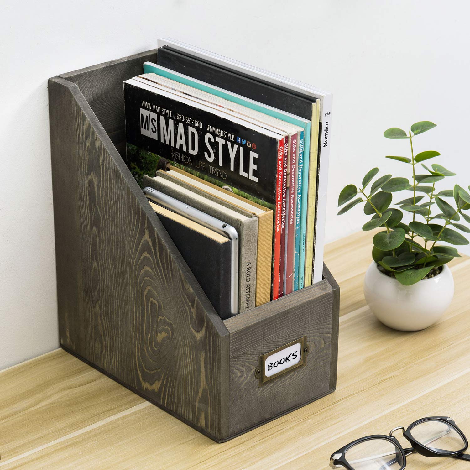 MyGift Vintage Gray Wood Magazine File Holder, Office Document Folder and Paper Organizer Bin with Metal Label Holder