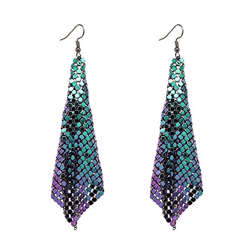 NALISASA Metal Mesh Grid Sequins Tassel Long Drop Dangle Earrings for Women Girls, Long Hook Lightweight Earrings, Disco Vintage Mesh Earrings