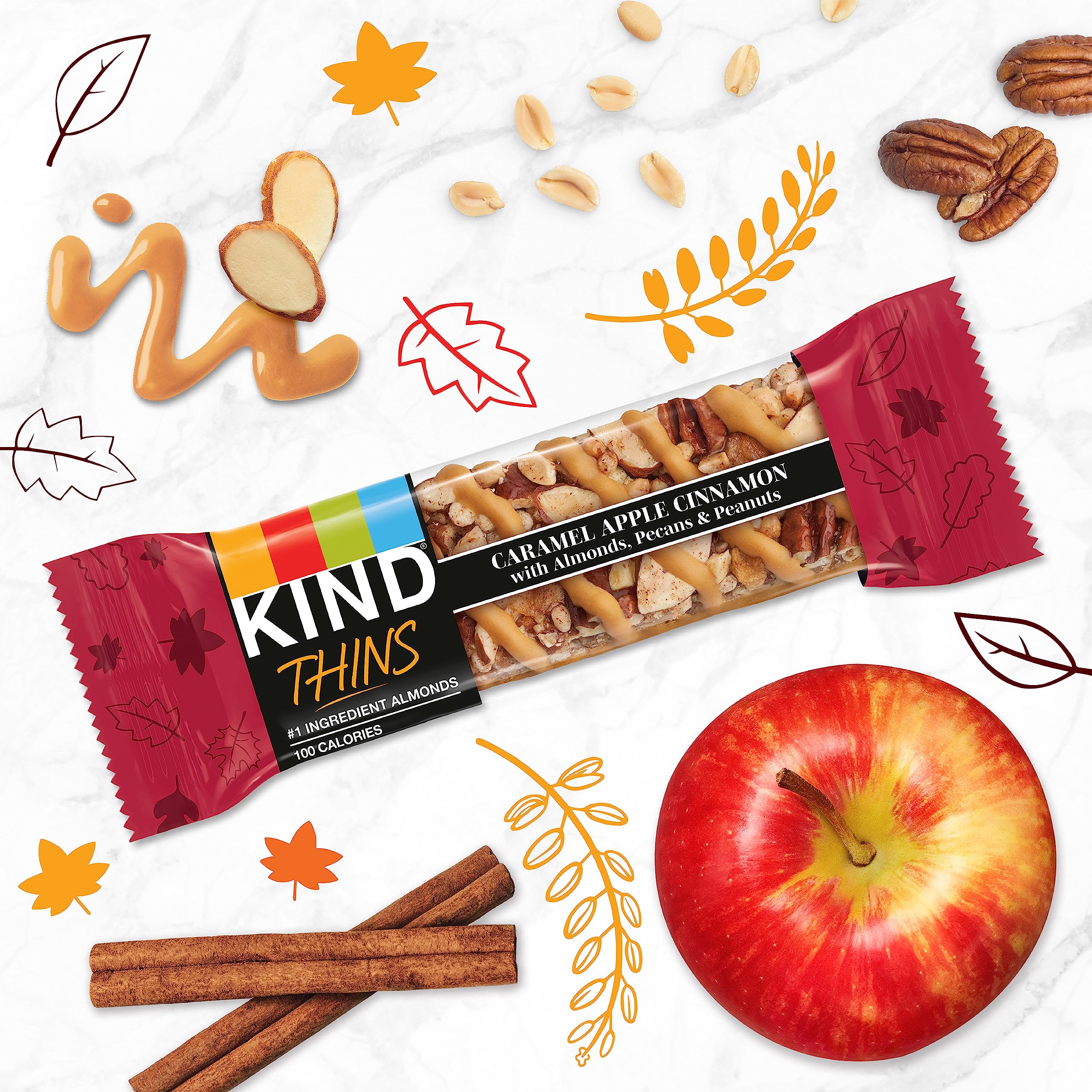 KIND THINS Caramel Apple Cinnamon with Almonds, Pecans, & Peanuts, Gluten Free, 100 Calorie, Healthy Snacks, 10 Bars (Pack of 1)