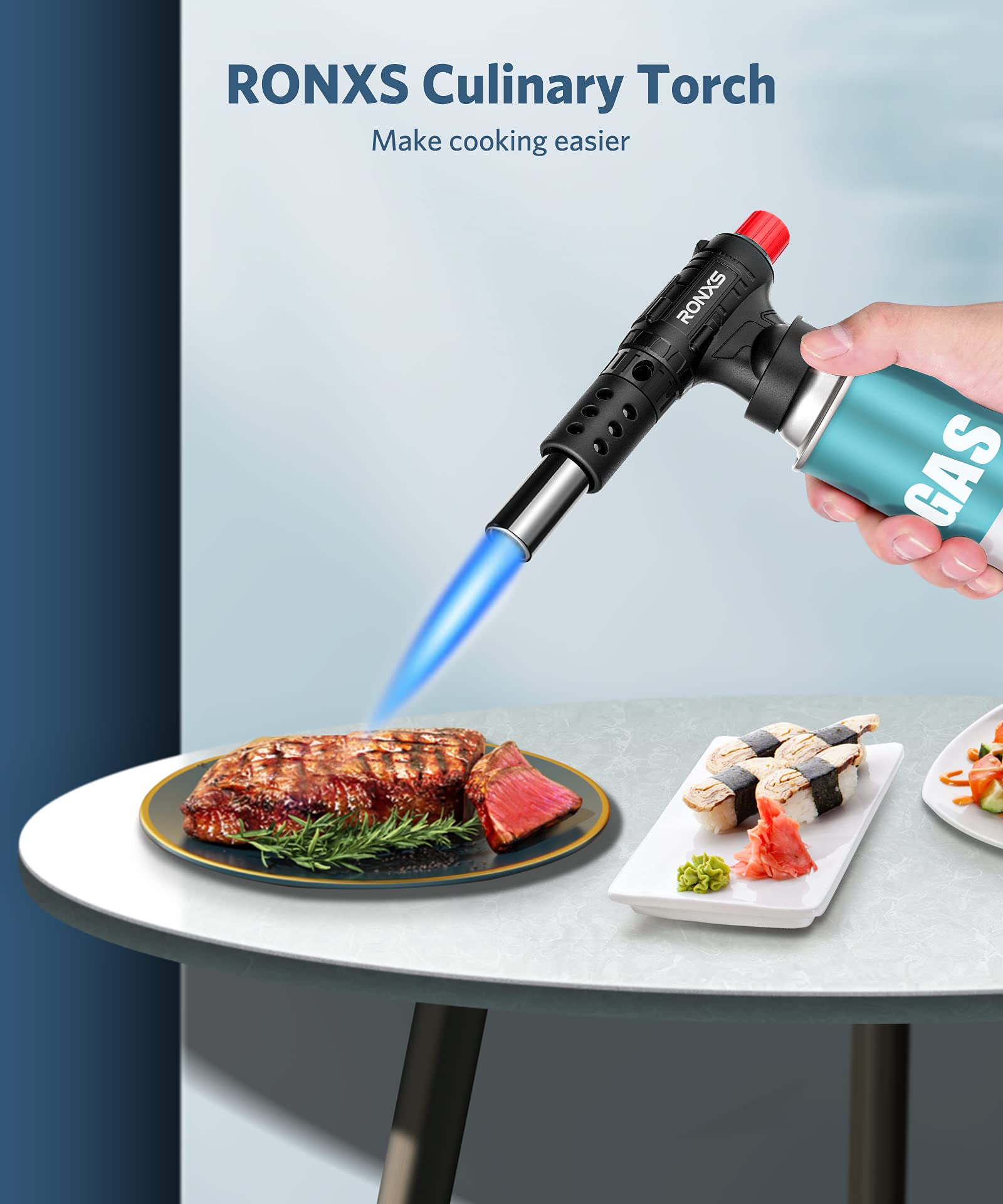 RONXS Butane Torch lighters, 2 Flame Mode Kitchen Cooking Torch with Inverted Use Adjustable Flame Culinary Blow Torch for BBQ, Baking, Sushi, Butane Not Included
