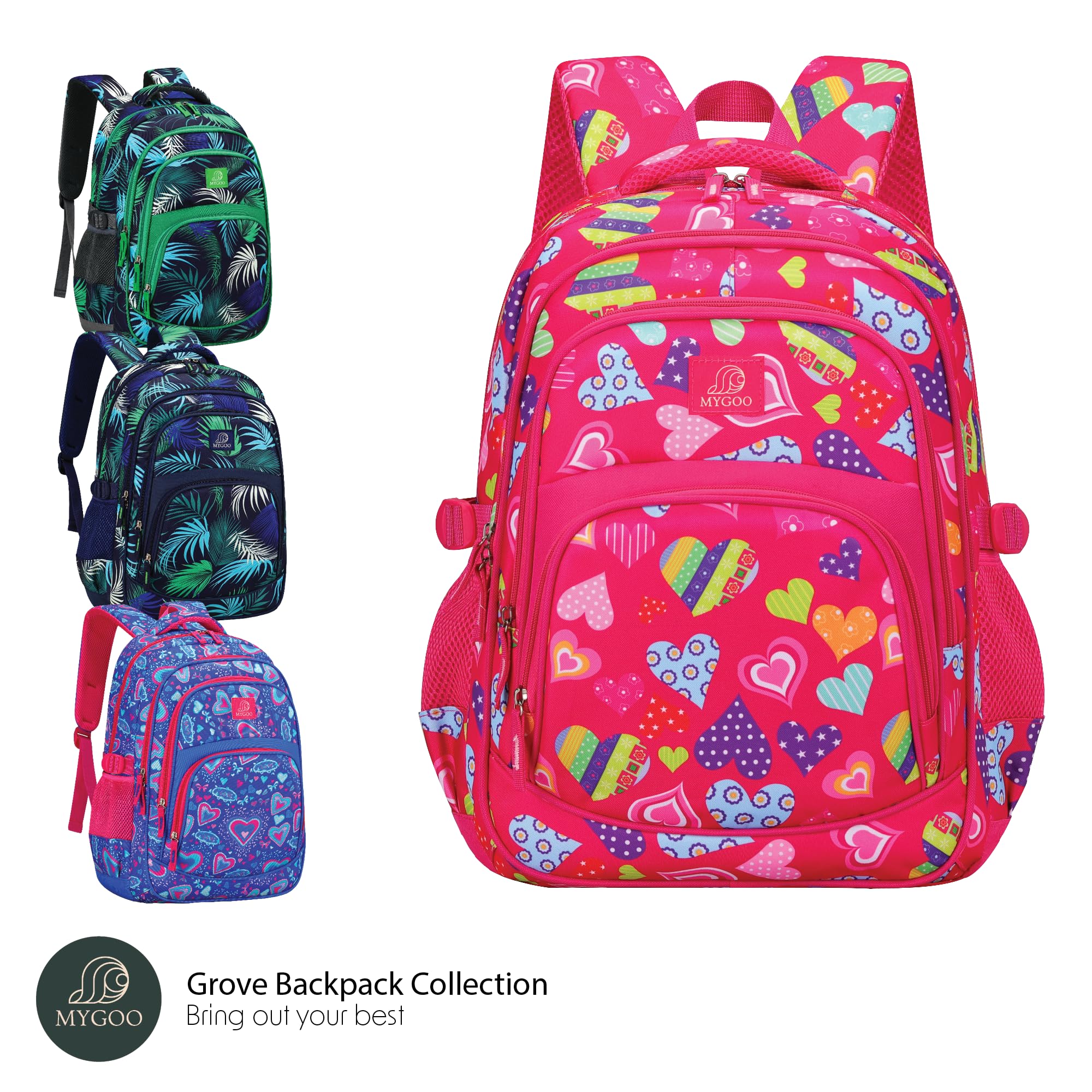 MYGOO Tropical Kids Backpack for Girls | 17" Heart Magenta | Grove Collection for School-Aged Children
