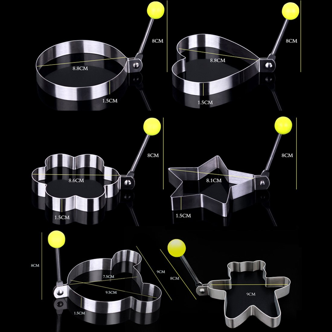 Slomg 8pcs Set Fried Egg Rings Molds Non Stick for Griddle Pan, Egg Shaper Pancake Maker with Handle, Stainless Steel Egg Form for Frying Cooking