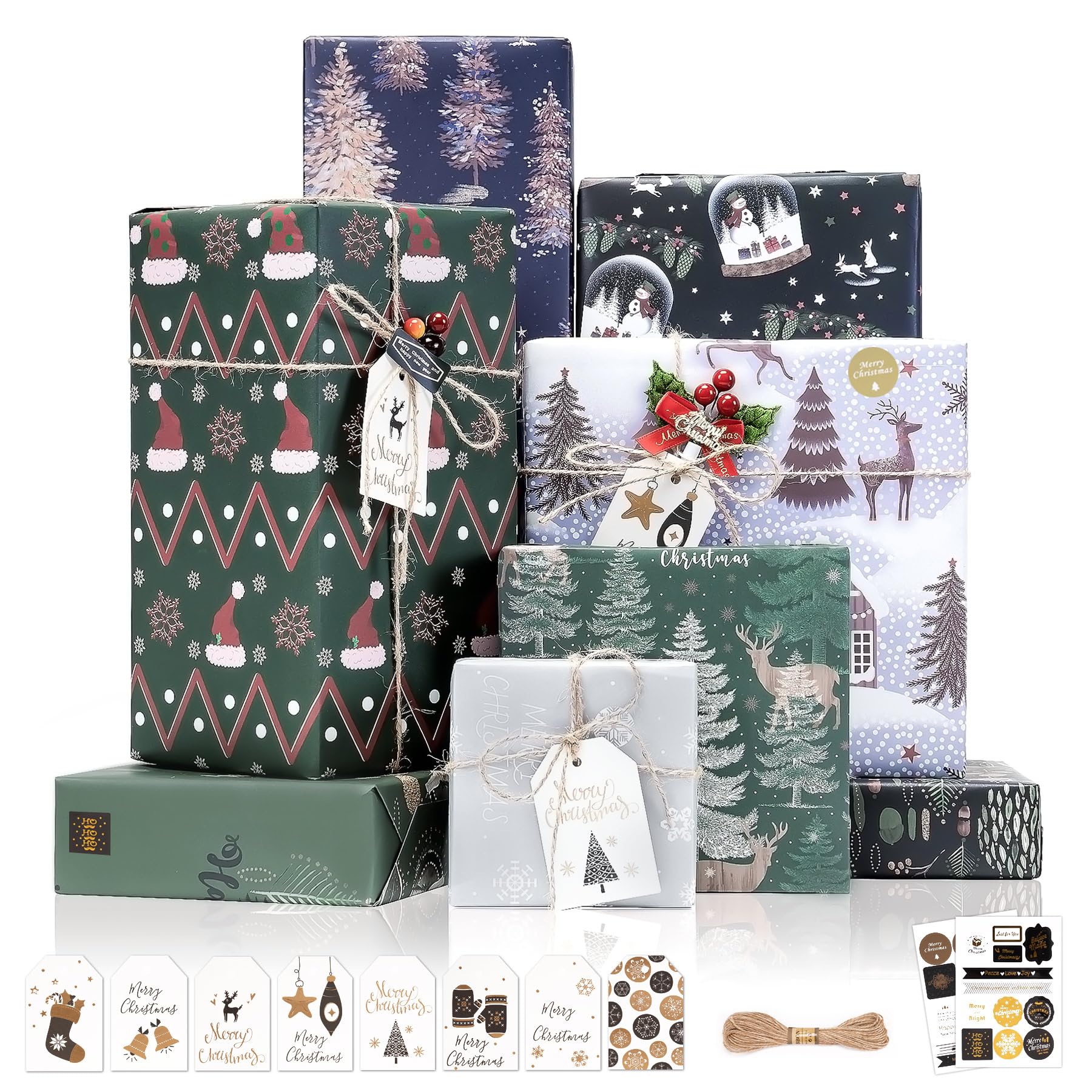 Larcenciel Christmas Wrapping Paper, 8 Sheets Pine Snowflakes Gift Wrapping Paper w/Gift Tag Ribbons Stickers, Xmas Thick Kraft Gift Wraps Set for Christmas New Year Holiday Birthday Party,27.6x19.7in